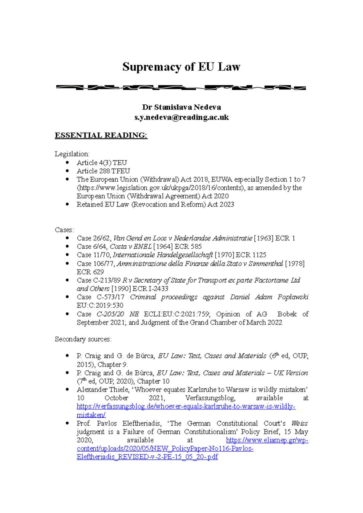 Supremacy of EU Law - Handout - Supremacy of EU Law Dr Stanislava ...
