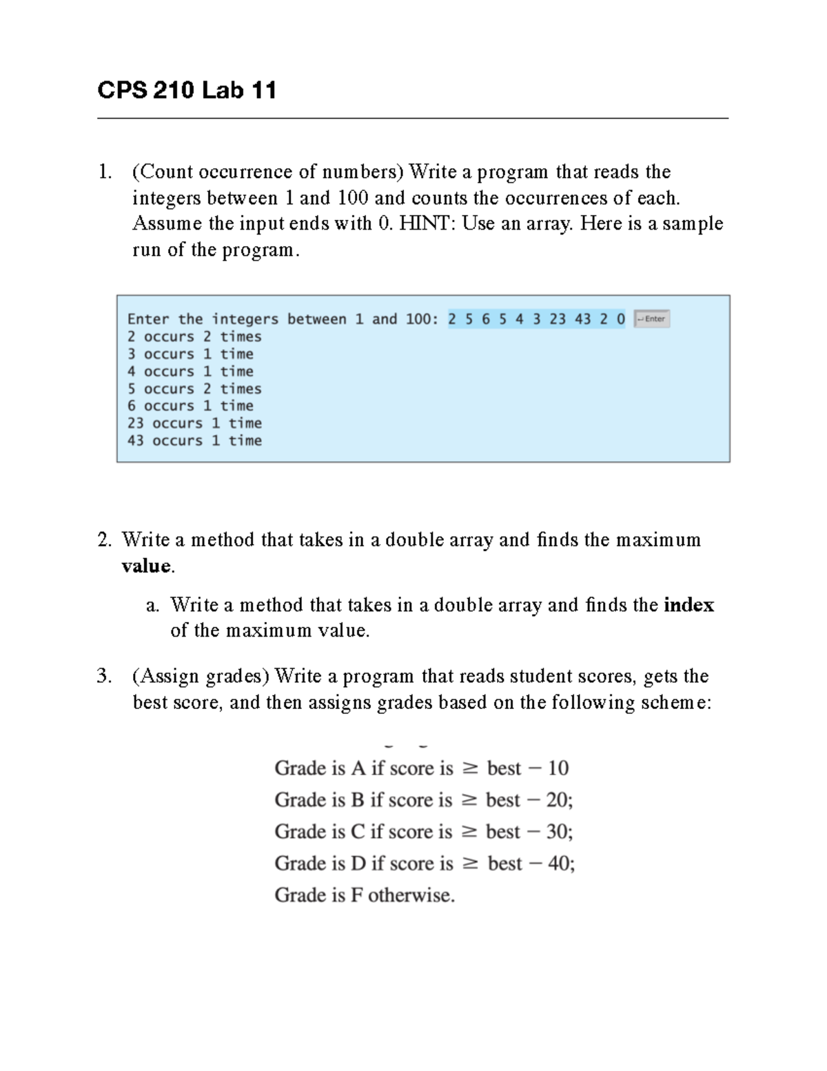 Lab 11 - Lab 11 - CPS 210 Lab 11 (Count occurrence of numbers) Write a ...