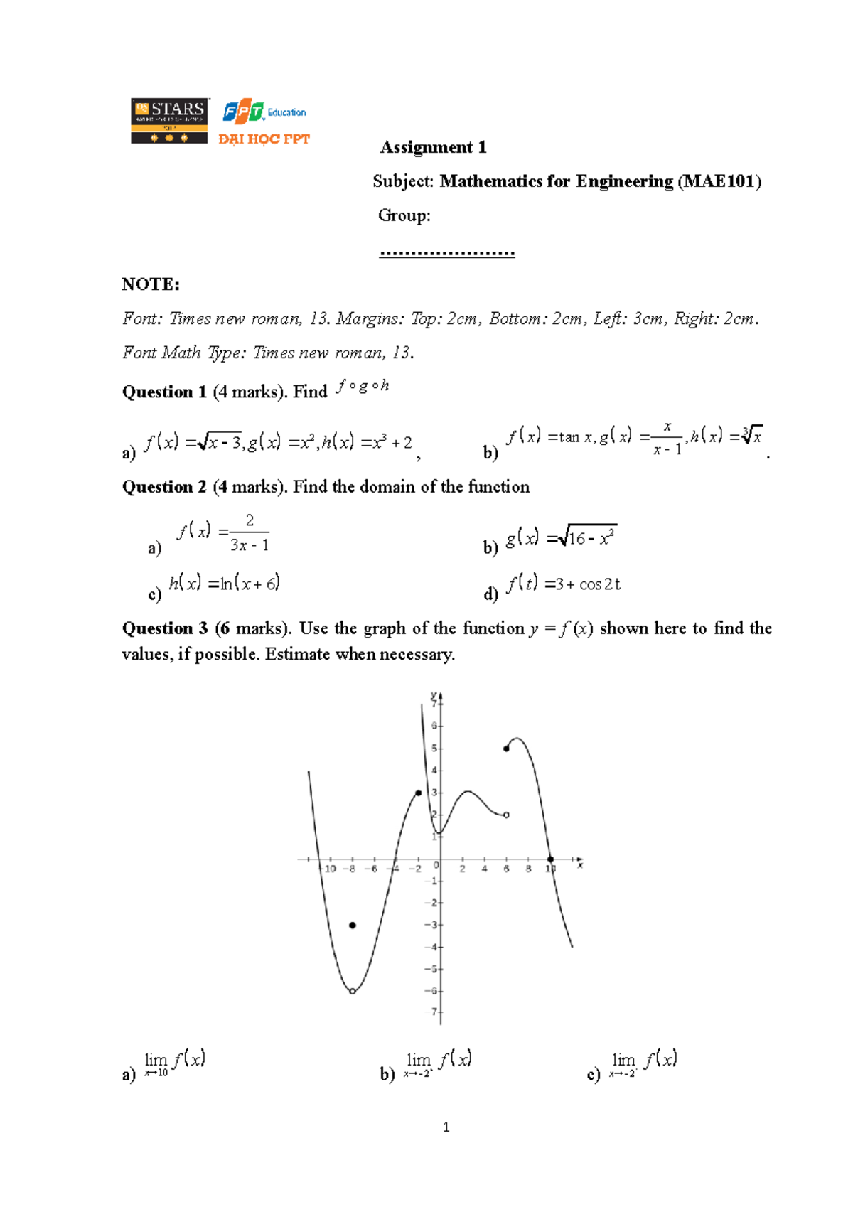 Assignment 1 MAE101-1 - 213 - Assignment 1 Subject: Mathematics for ...
