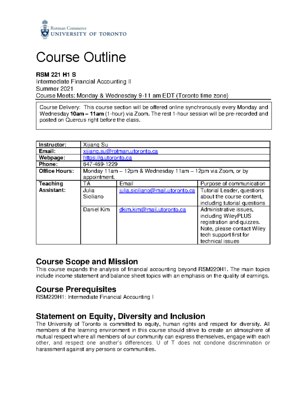 Rotman Commerce Course Outline RSM221 Summer-2 - Course Outline RSM 221 ...