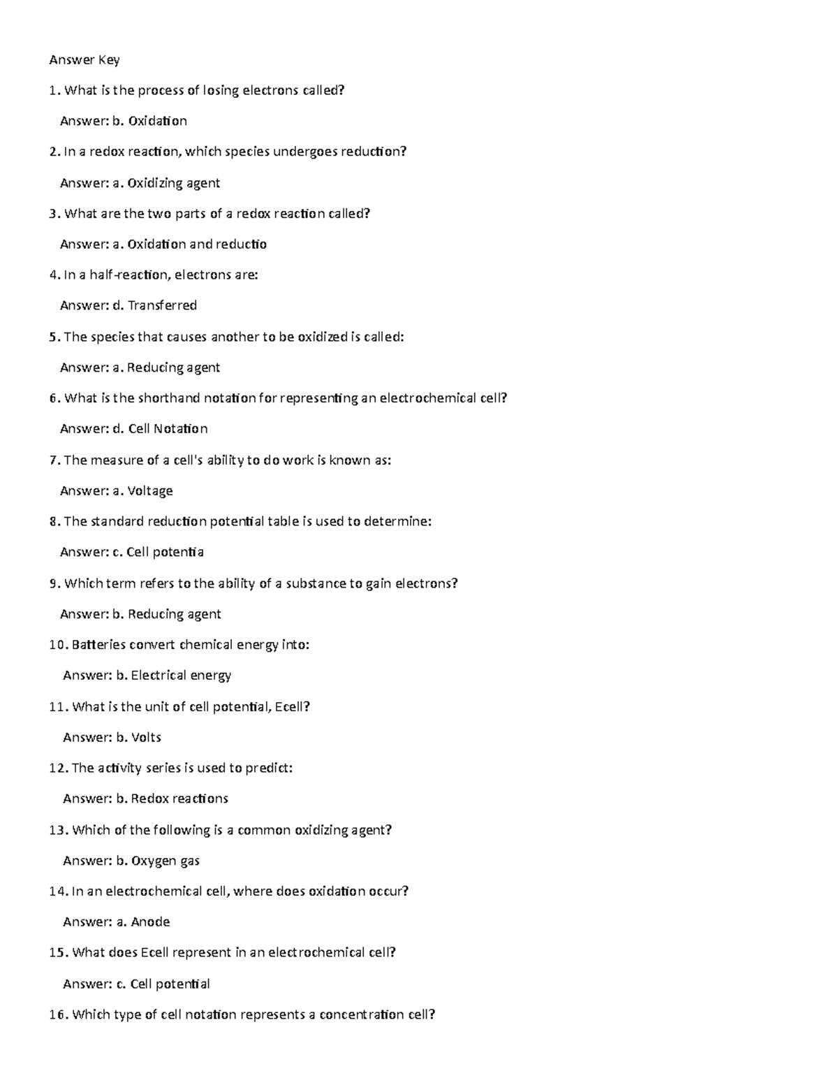 Chemistry Reviewer - Answer Key What is the process of losing electrons ...