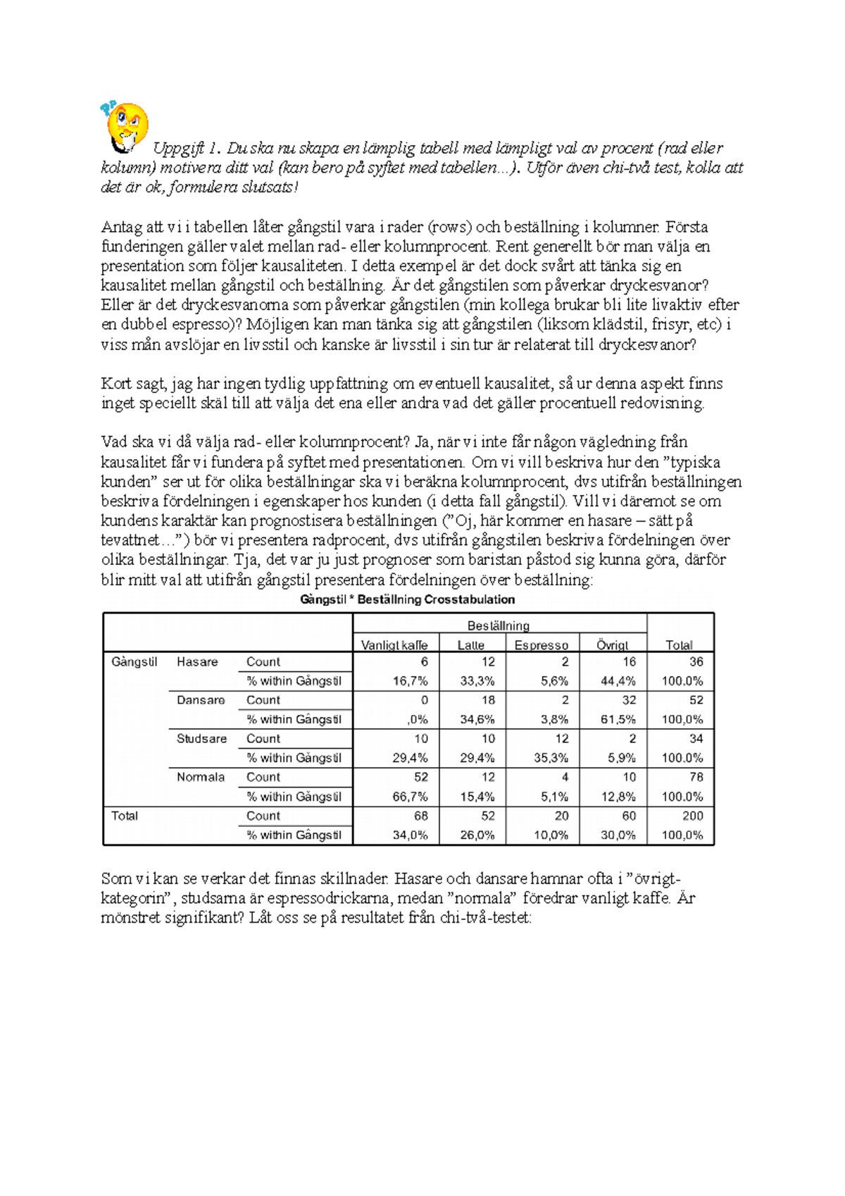 Bivariat analys med svar - Uppgift 1. Du ska nu skapa en lämplig tabell ...