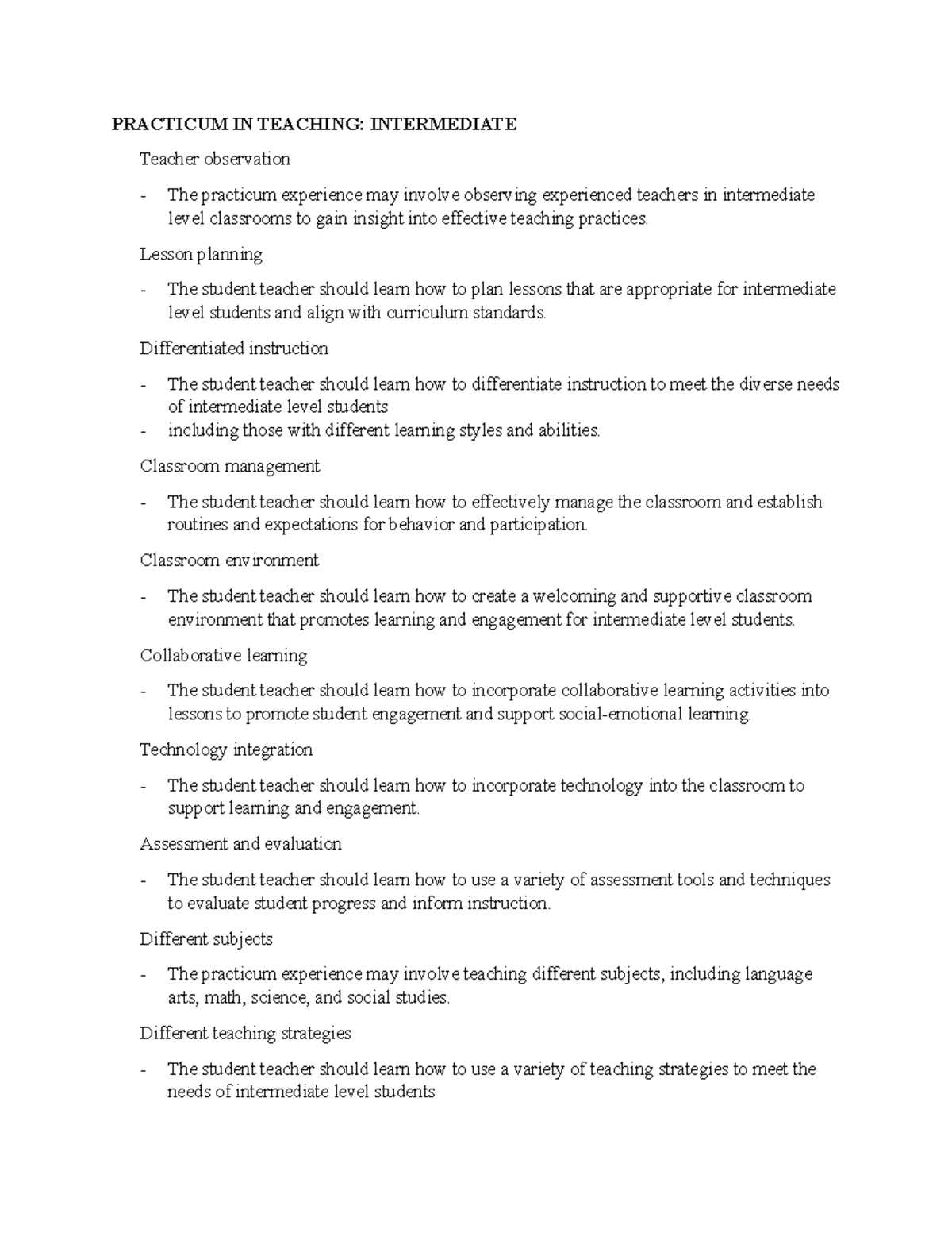 Practicum IN Teaching Notes 1 - PRACTICUM IN TEACHING: INTERMEDIATE ...