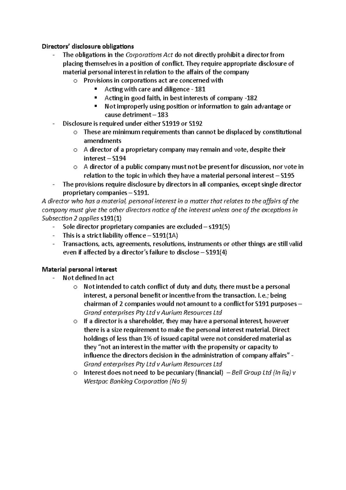 Directors disclosure obligations summary - Directors’ disclosure ...