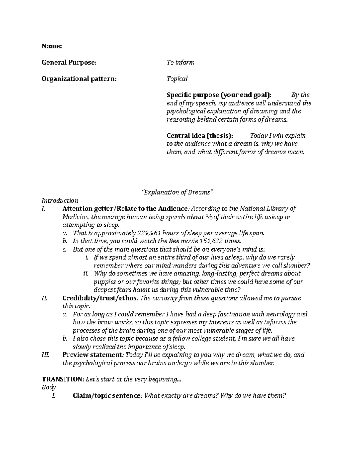 Essay Outline for English 102 - Name: General Purpose: To inform ...