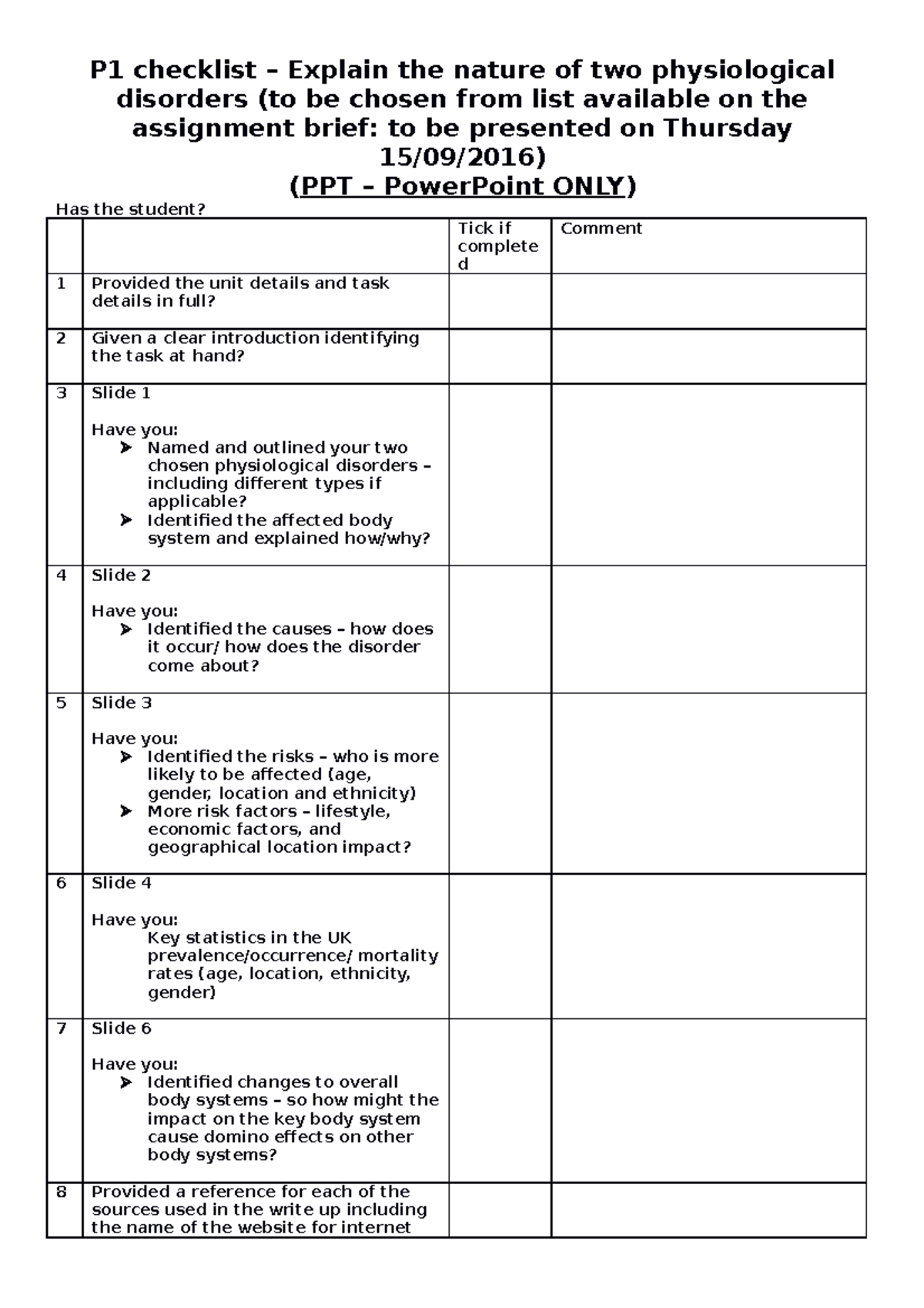 P1-checklist - Revision to fill out to help with full right up when ...