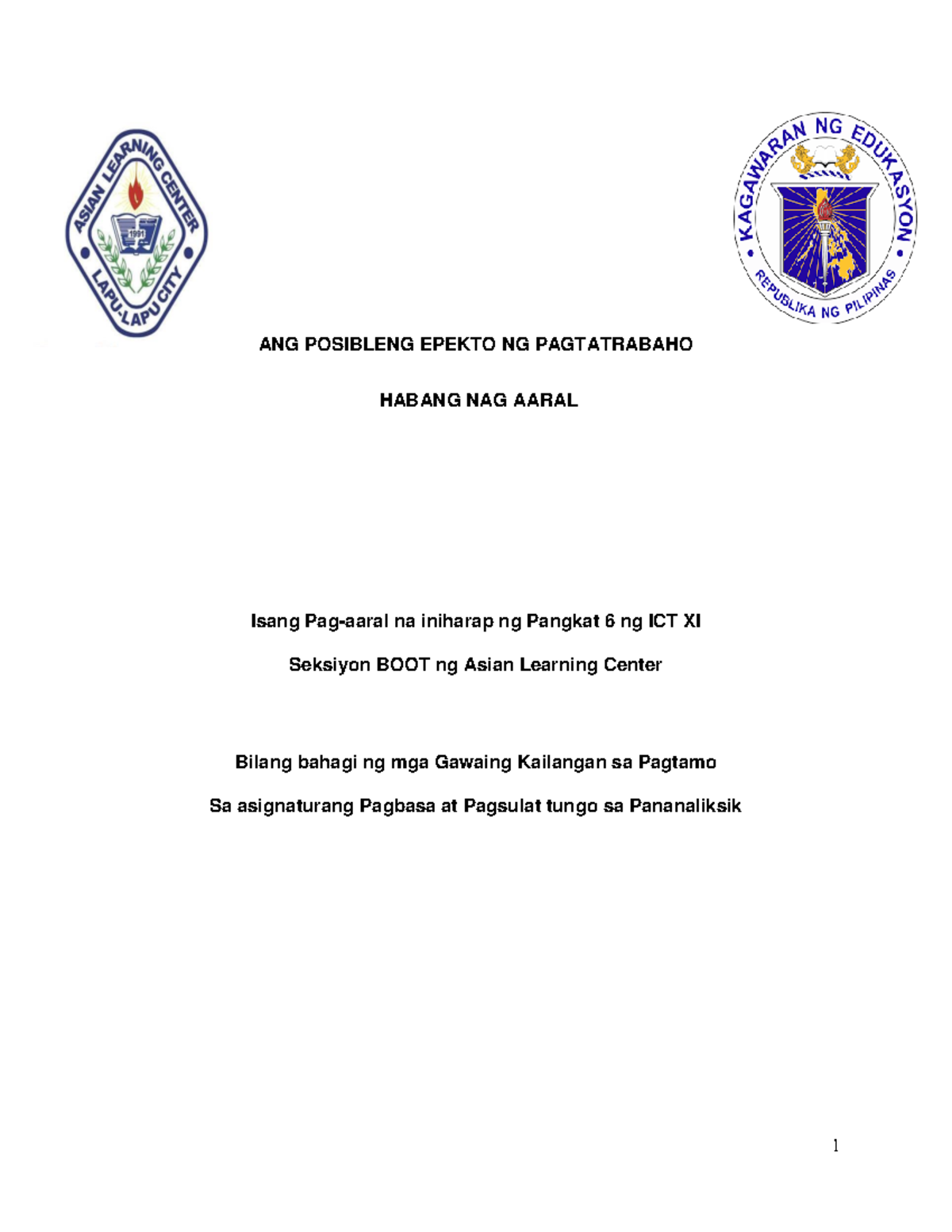 Toaz - asignatura - ANG POSIBLENG EPEKTO NG PAGTATRABAHO HABANG NAG AARAL Isang Pag-aaral na ...