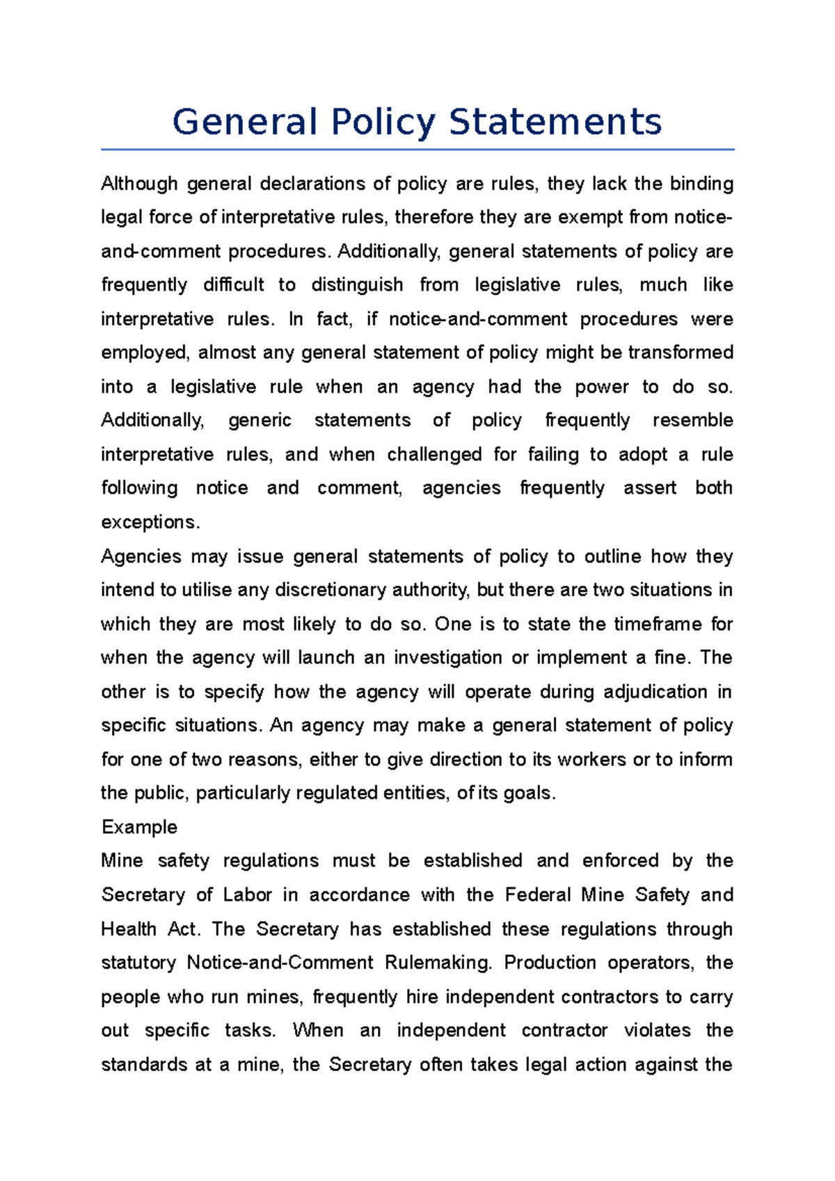 Brief note on General Policy Statements - General Policy Statements ...