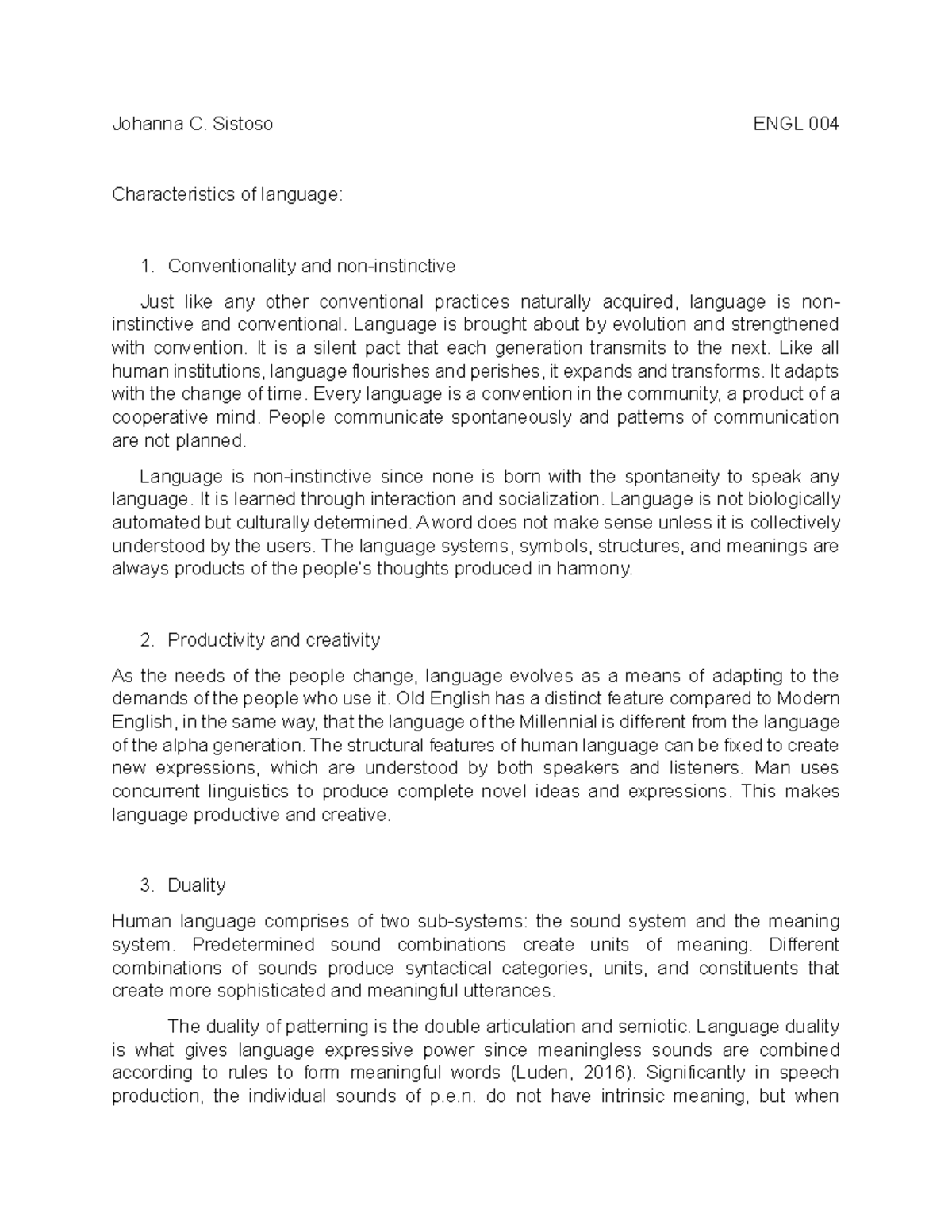 characteristics of language - Johanna C. Sistoso ENGL 004 ...