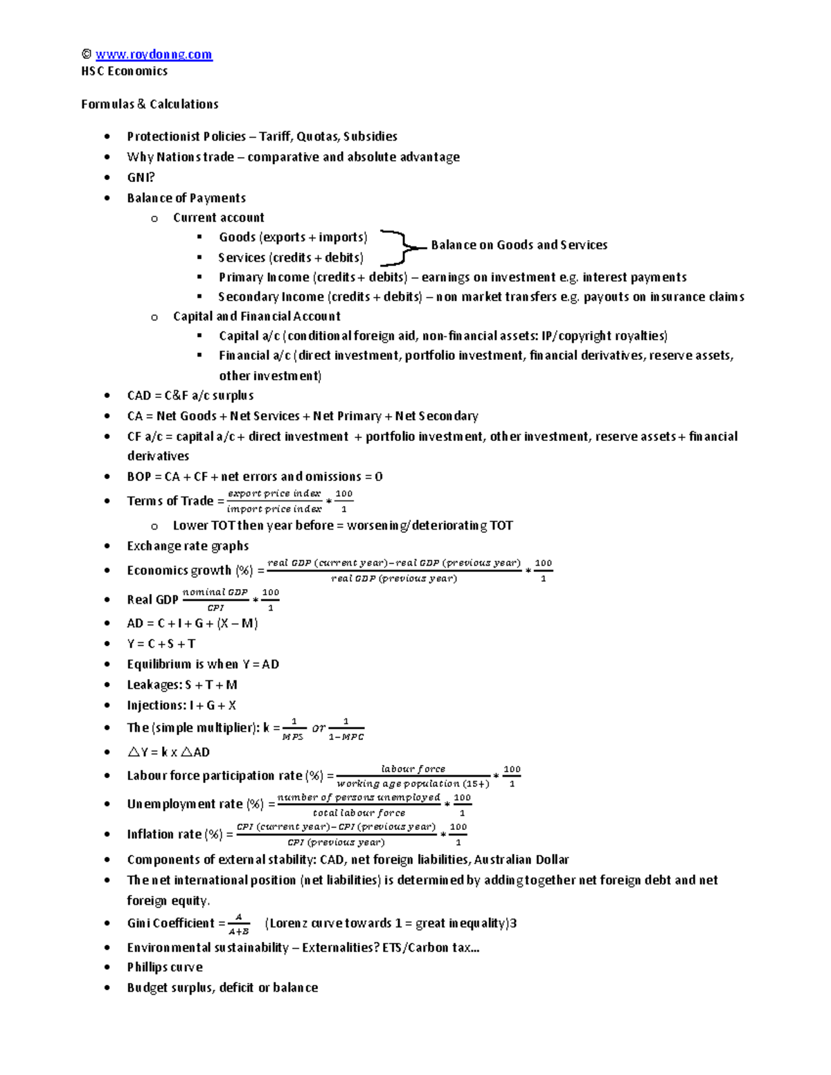 Economics hsc fomulas and stats - © roydonng HSC Economics Formulas ...