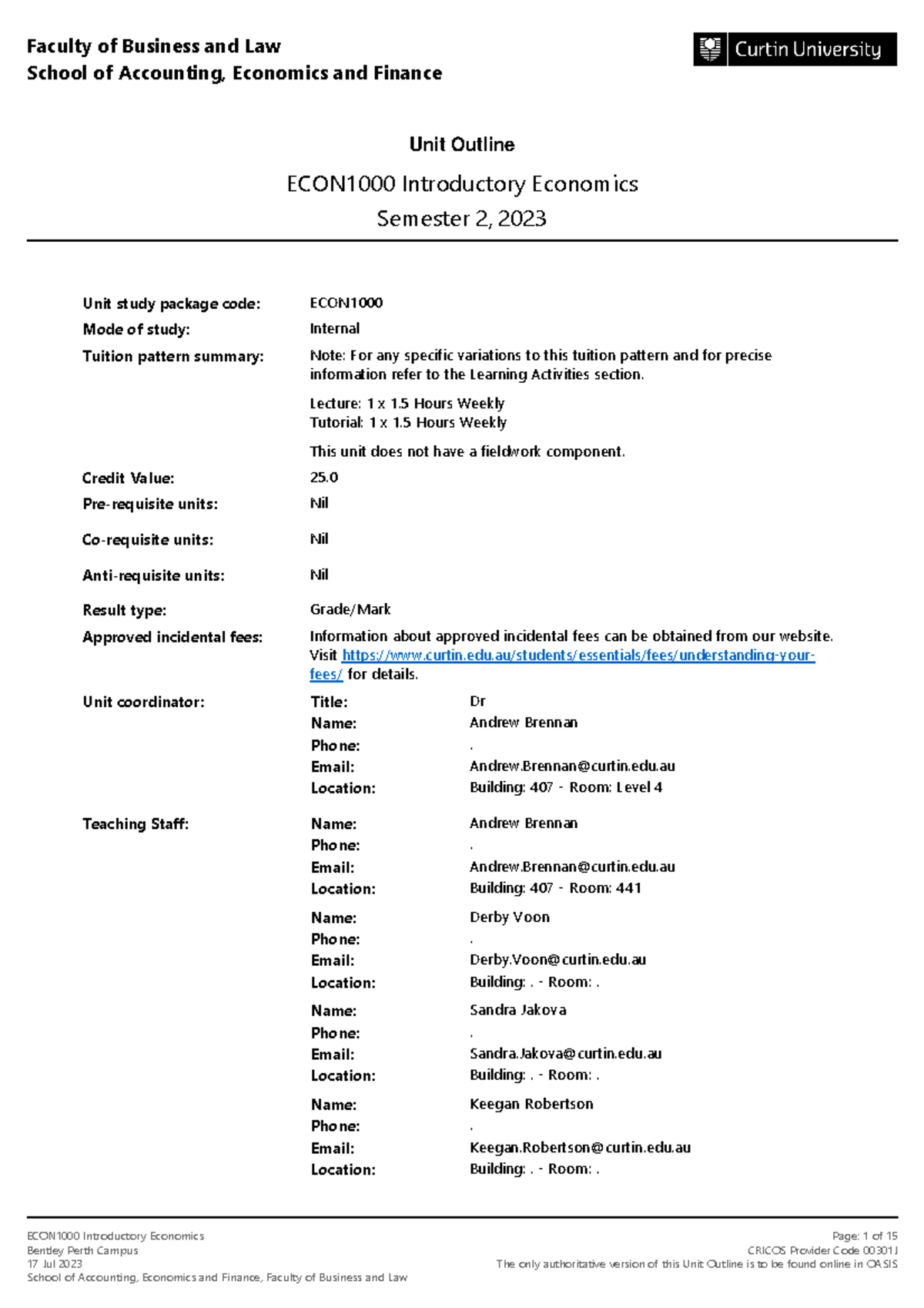 ECON1000 Unit Outline - Unit study package code: ECON1000 Mode of study ...
