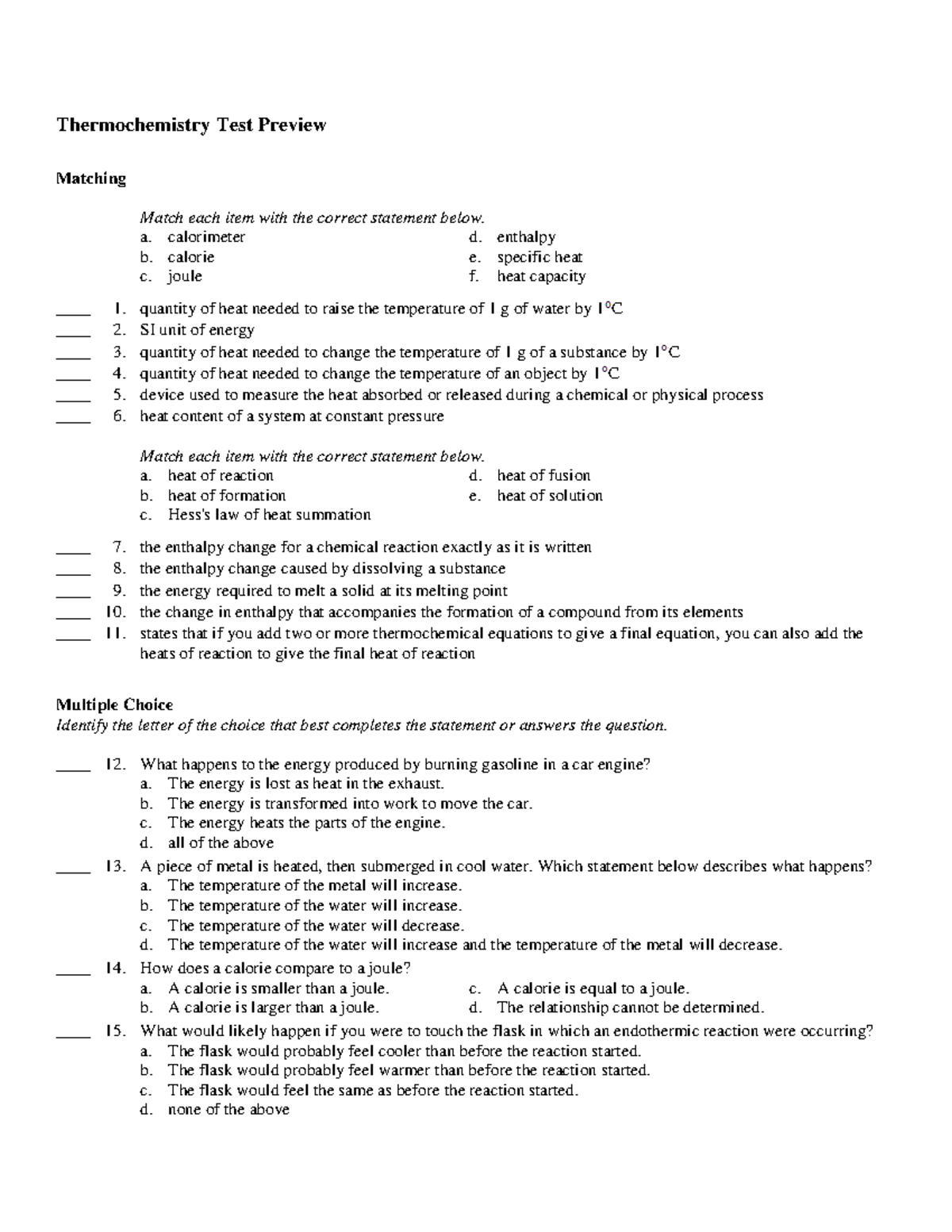 Thermochemistry test preview with answers for posting - Thermochemistry ...