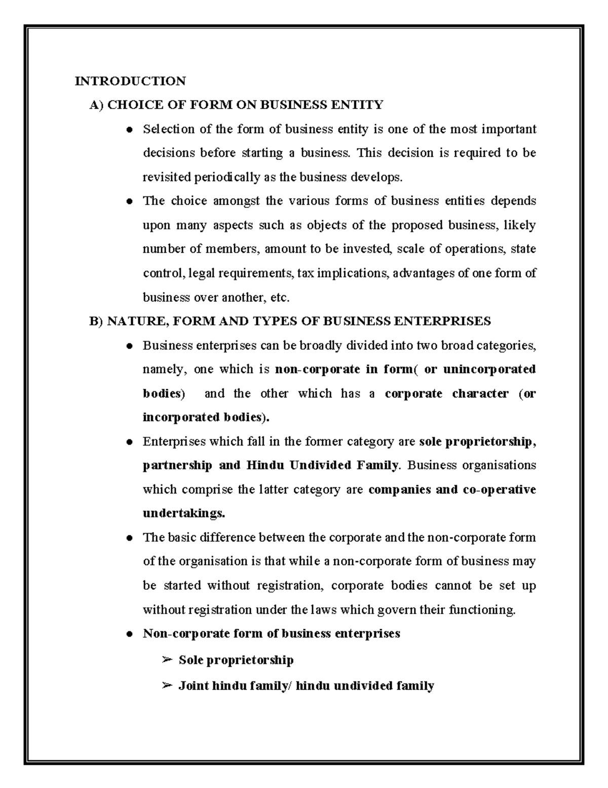 Company Law Notes (2 - INTRODUCTION A) CHOICE OF FORM ON BUSINESS ...