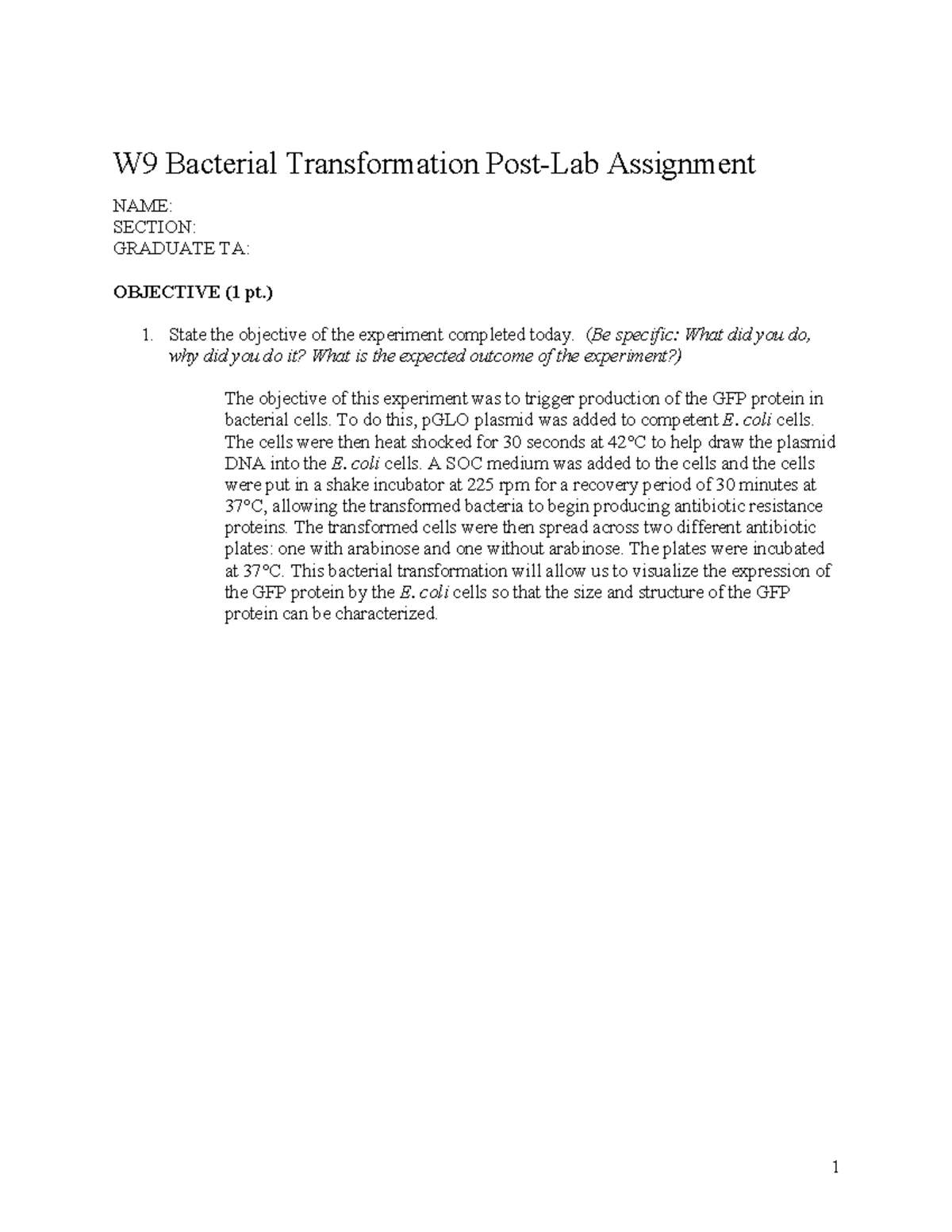 W9 Post-Lab - Post-Lab - W9 Bacterial Transformation Post-Lab ...