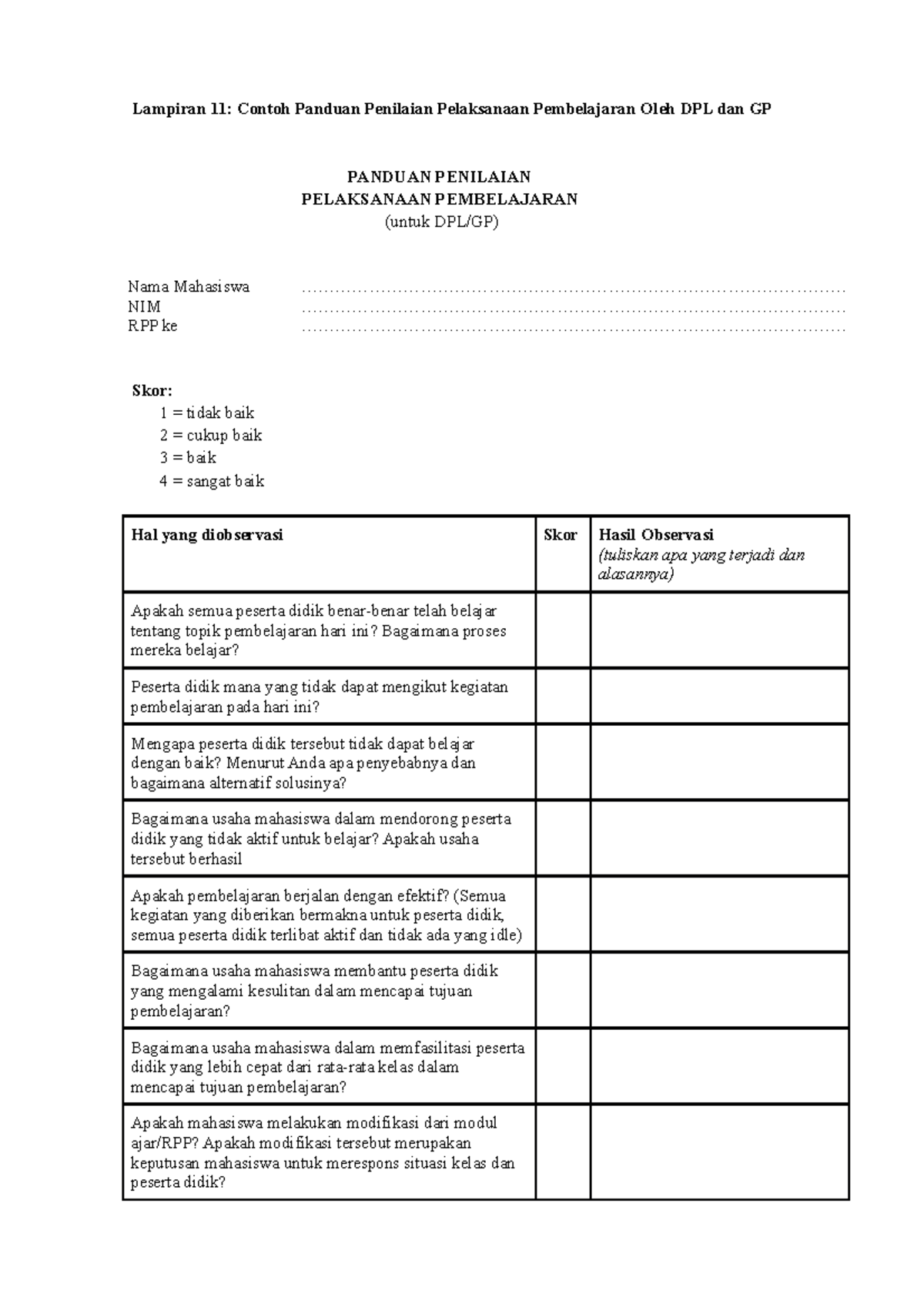 Lampiran 11 - Contoh Panduan Penilaian Pelaksanaan Pembelajaran Oleh DPL dan GP - - Studocu