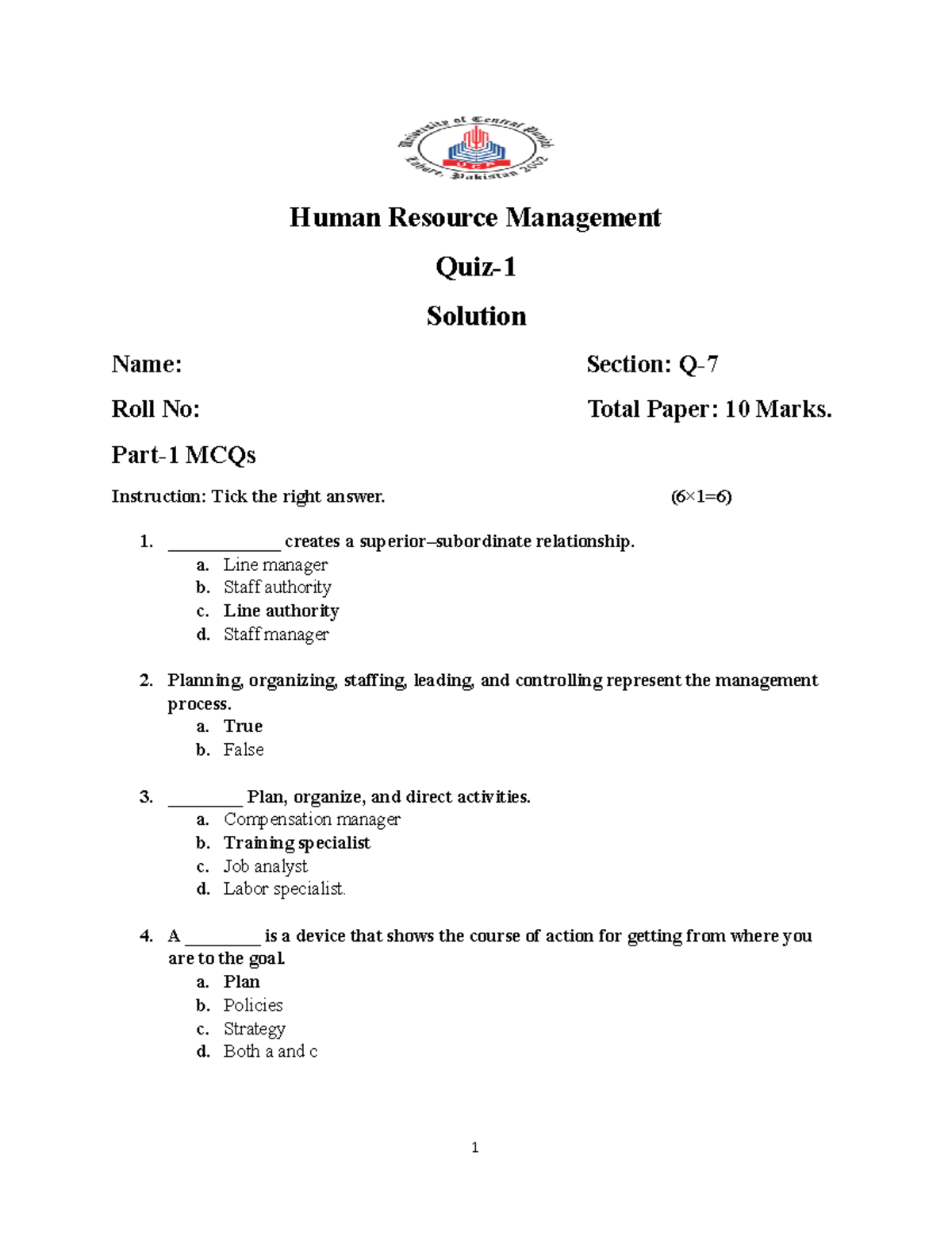 Quiz 1 Solution Q7 - Quiz no 1 Q7 - Human Resource Management Quiz ...