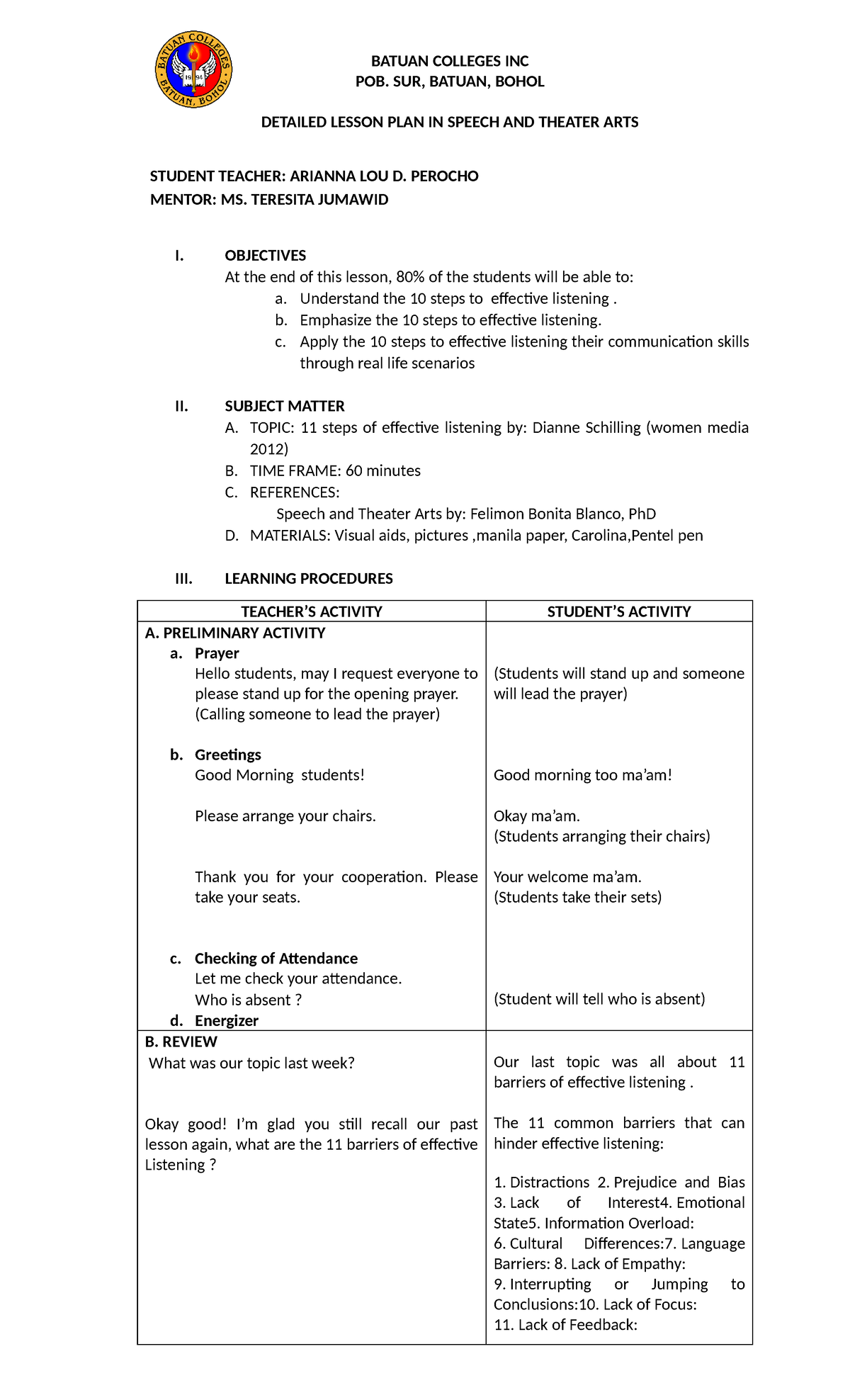 Lesson-PLAN- ate arianna - BATUAN COLLEGES INC POB. SUR, BATUAN, BOHOL ...