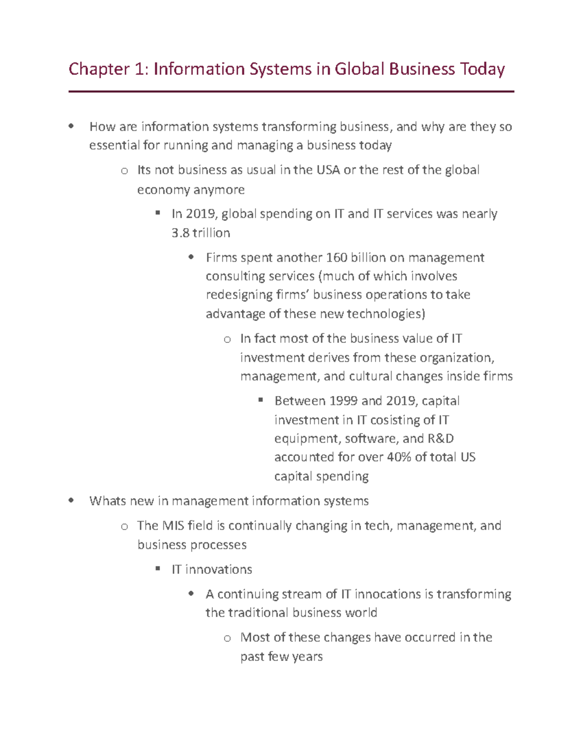 Chapter 1 textbook notes - Chapter 1: Information Systems in Global ...