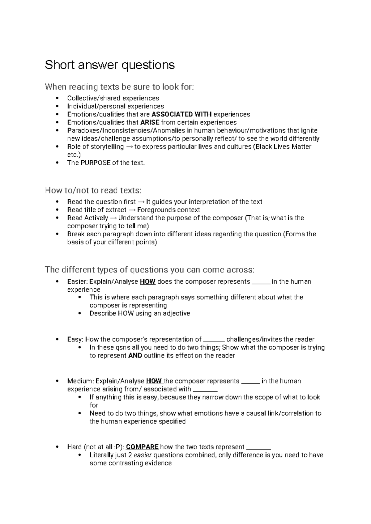 Short answer tips - Short answer questions When reading texts be sure ...