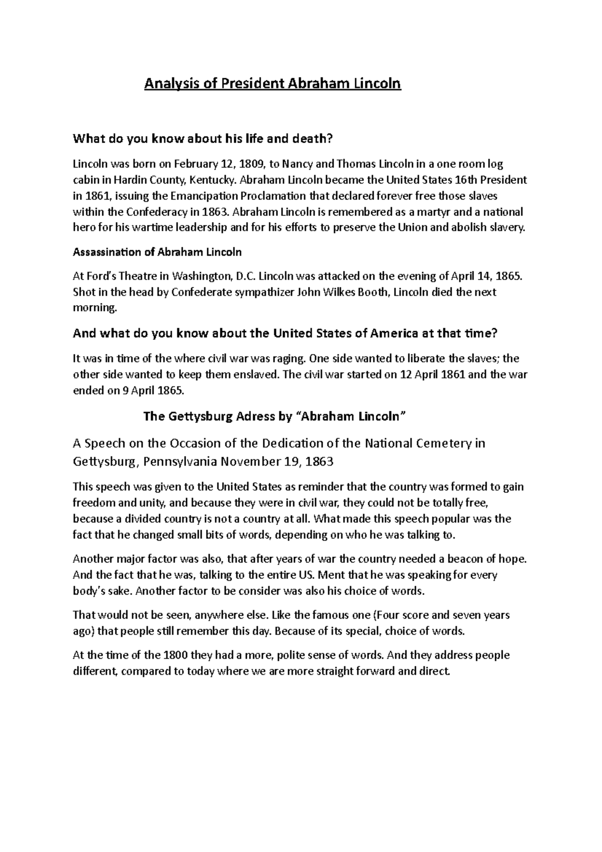 Abraham Lincoln - nice work - Analysis of President Abraham Lincoln ...