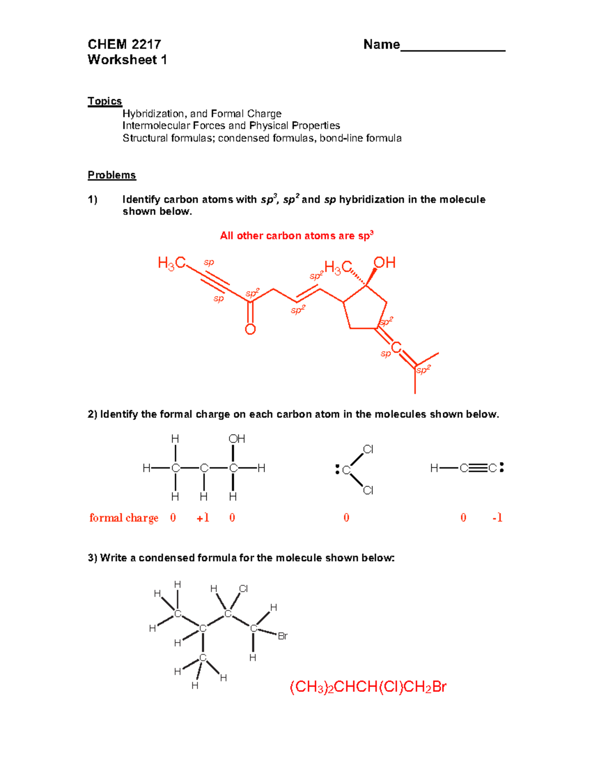 Worksheet 1-2020ans - CHEM 2217 Name______________ Worksheet 1 Topics ...