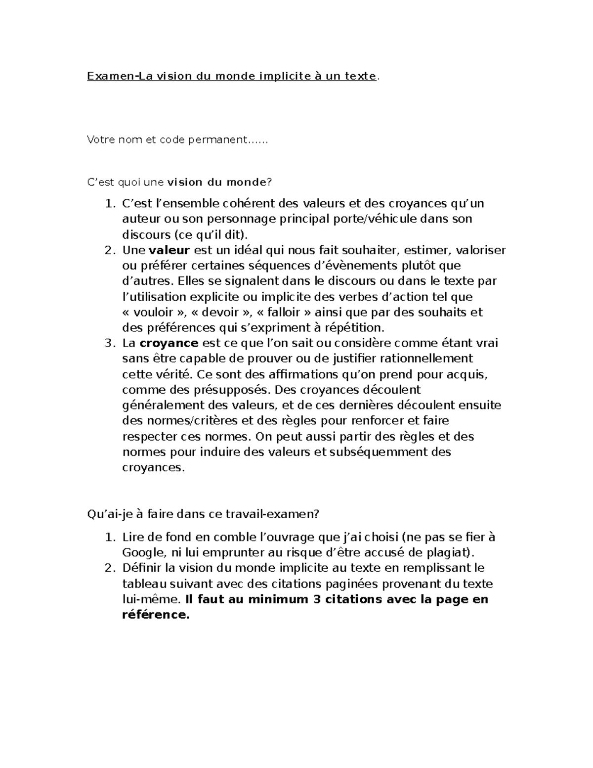 Travail-Examen sur la vision du monde implicite - Examen-La vision du ...