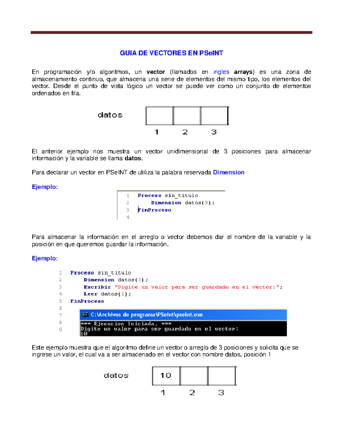 Vectores-pseint - Tema vectores - GUIA DE VECTORES EN PSeINT En ...