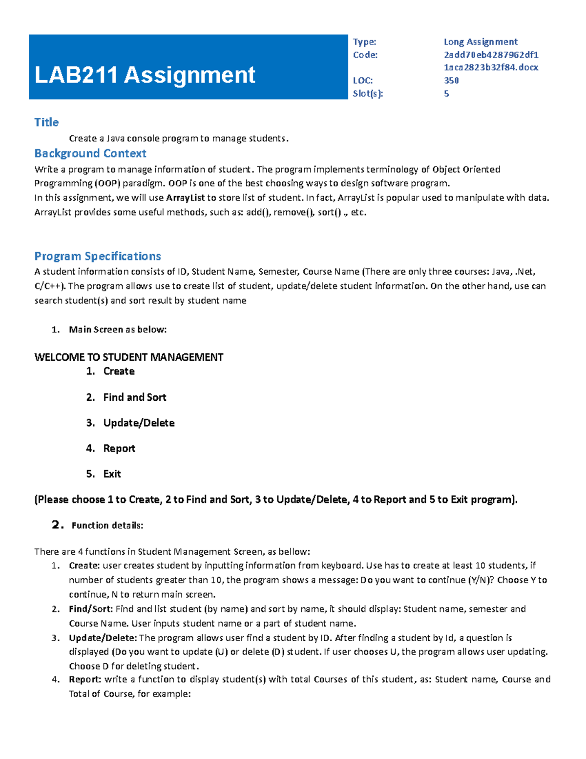 J1 - abc - LAB211 Assignment Type: Long Assignment Code ...