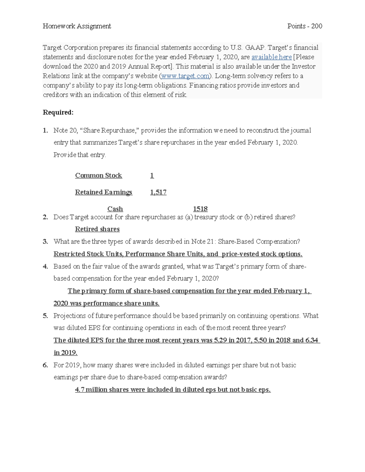 ACCT312 - Assignment 2 - Homework Assignment Points - 200 Target Corporation prepares its ...