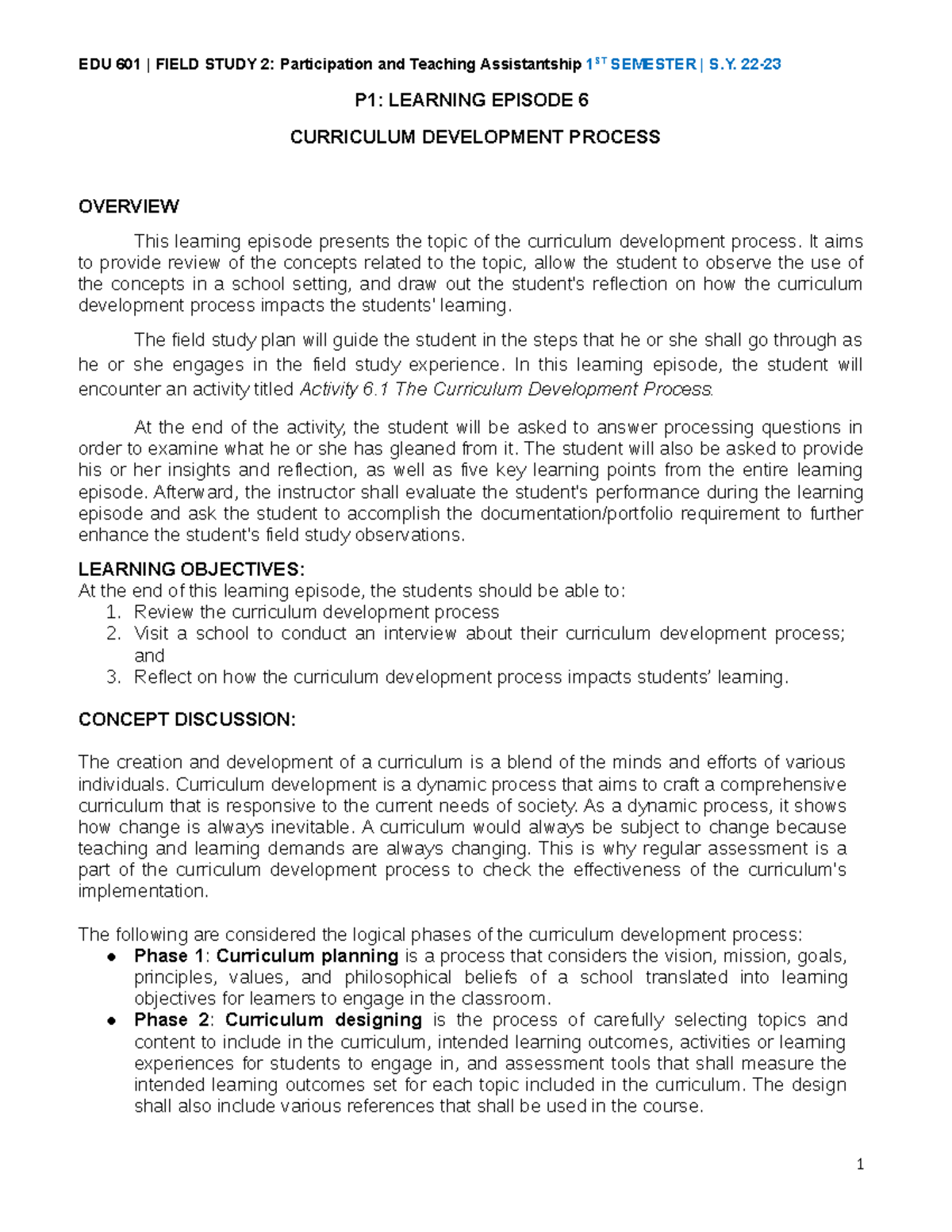 Field Study - 1 EDU 601 | FIELD STUDY 2: Participation and Teaching ...