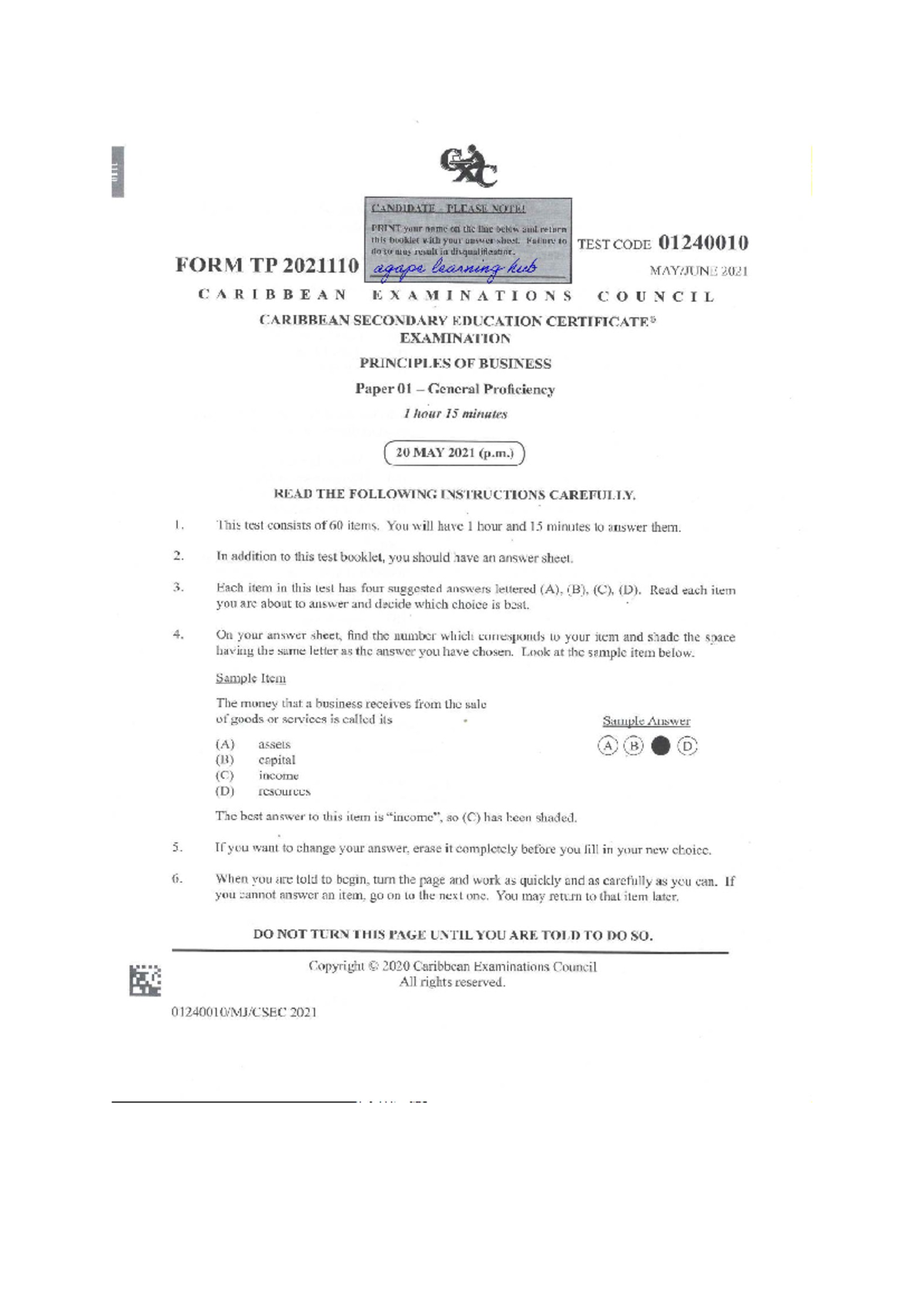 CSEC POB Paper 1 2021 - past csec questions - CANDIDATE PLEASE NOTE ...