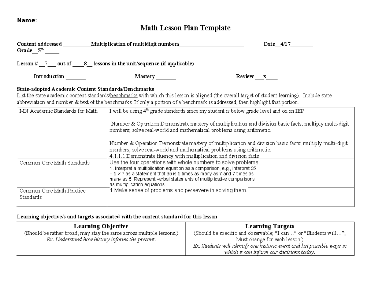 334 lp 7 - Math Lesson Plan Template Content addressed Multiplication ...