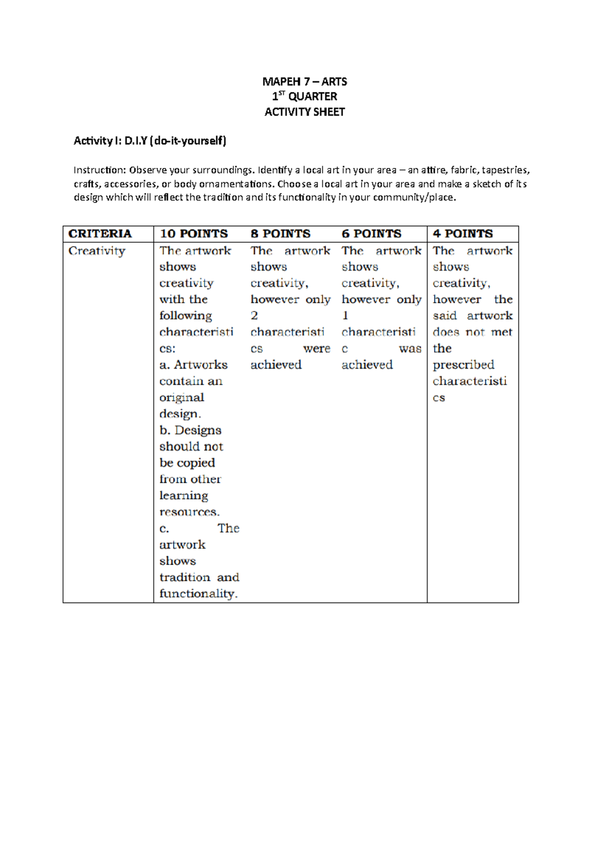 Mapeh 7 Activity Sheet Q1 - MAPEH 7 – ARTS 1 ST QUARTER ACTIVITY SHEET ...