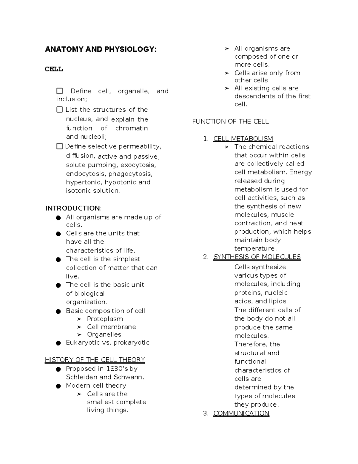 Cell - reviewer - ANATOMY AND PHYSIOLOGY: CELL Define cell, organelle ...