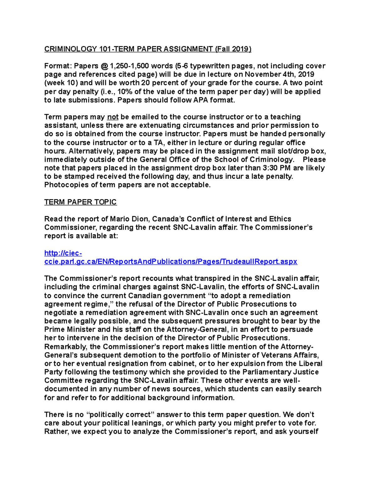 Criminology 101-term paper assignment (Fall 2019-Burnaby) - CRIMINOLOGY 101-TERM PAPER ...
