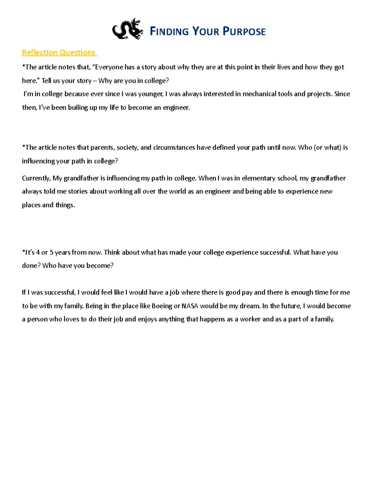 Finding Meaning & Purpose Reflection - FINDING YOUR PURPOSE Reflection ...