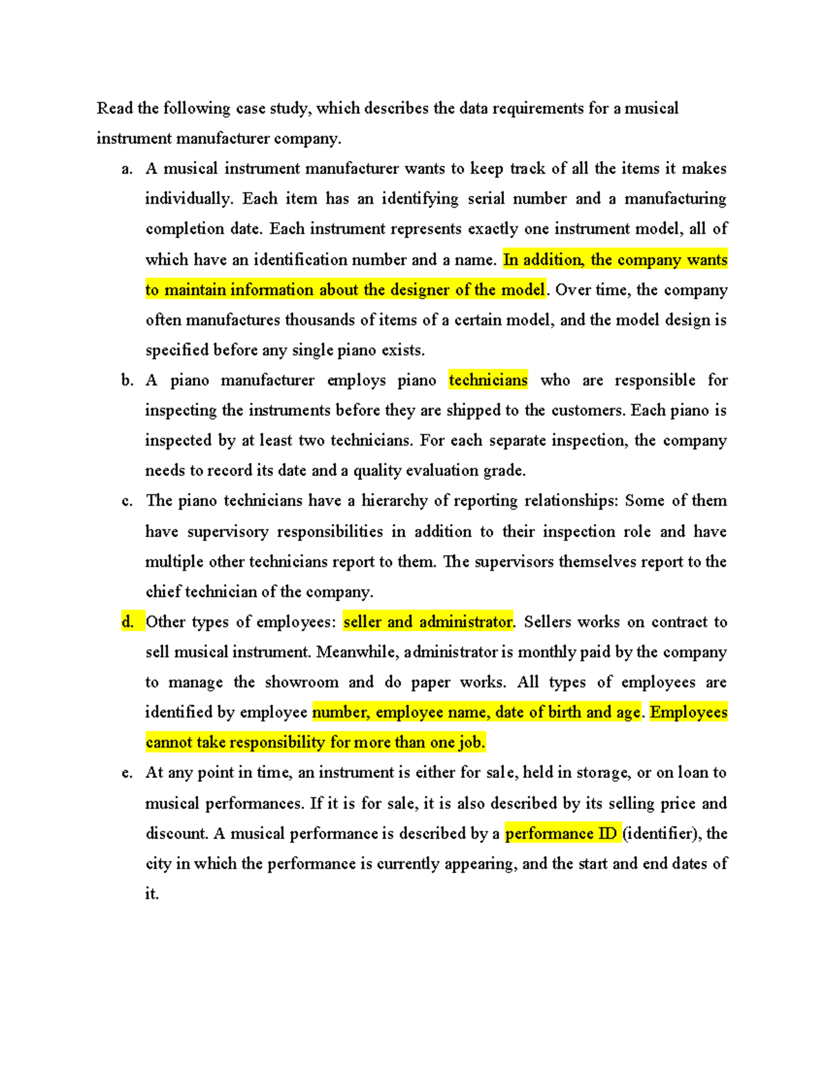 Musical Instrument task - Read the following case study, which ...