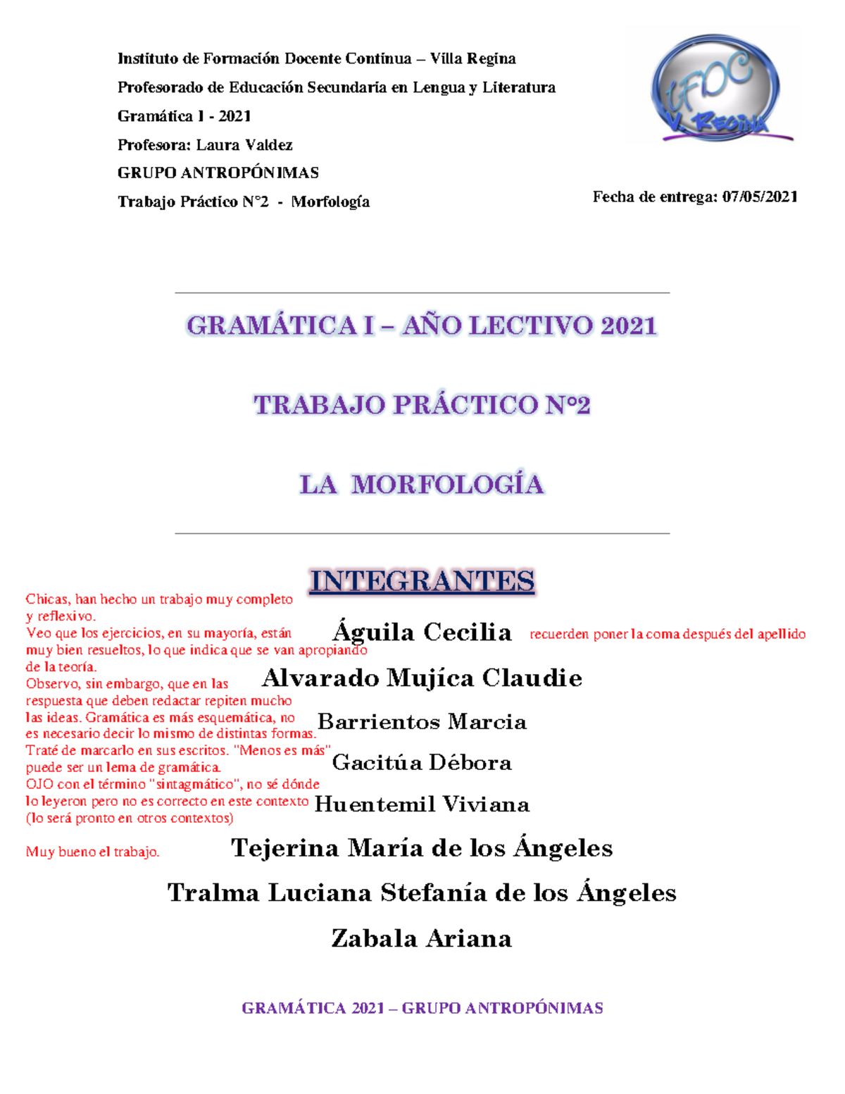 Gramática I 2021 - trabajo practico 2021 - Profesorado de Educación ...