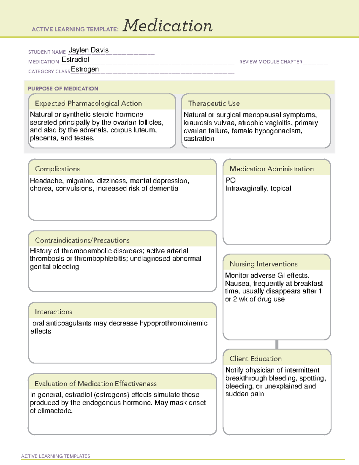 Estradiol med tempate - ATI - ACTIVE LEARNING TEMPLATES Medication ...