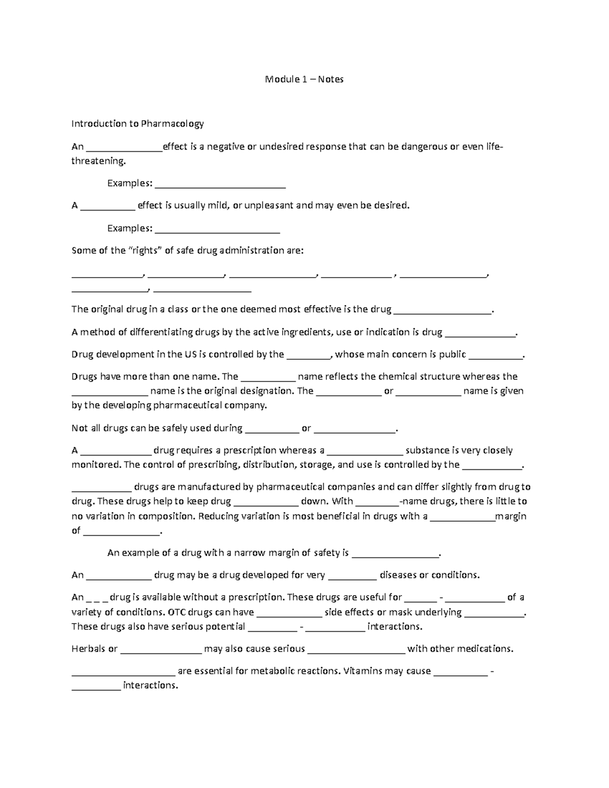 Module 1 - Notes - Basic pharm knowledge - Module 1 – Notes ...
