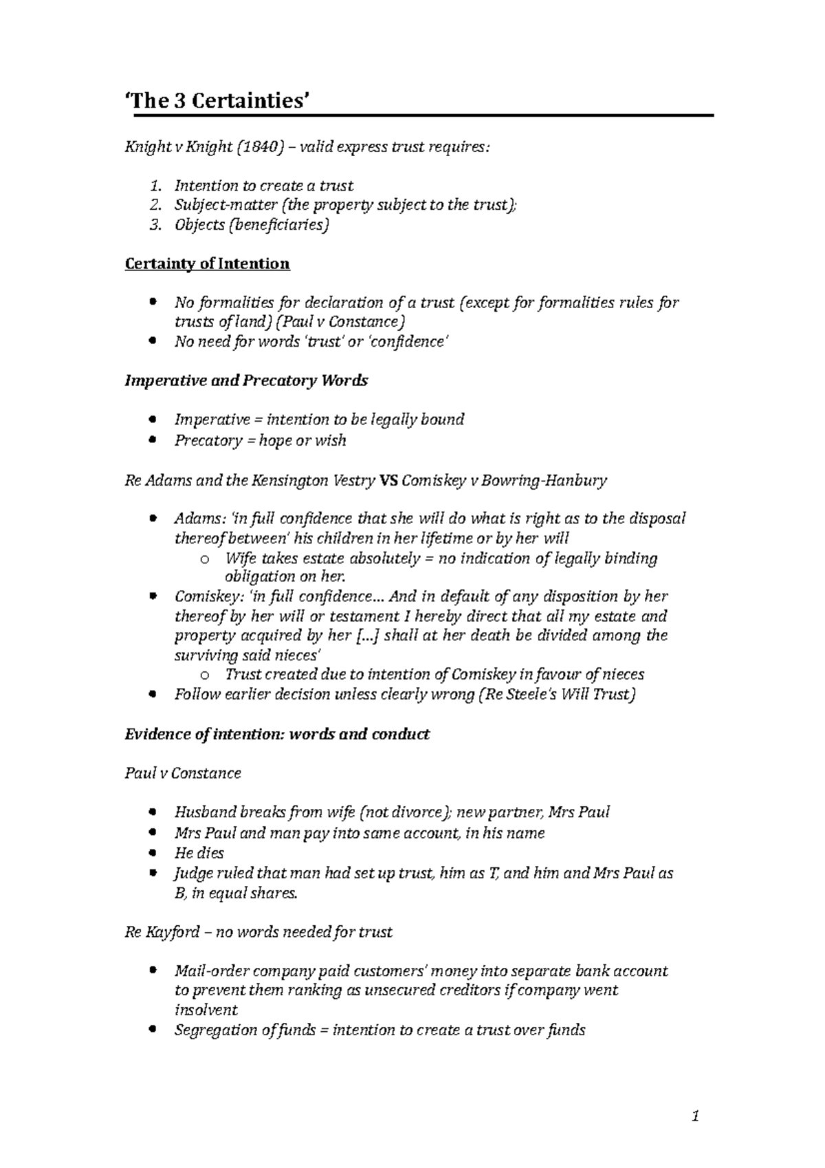 02 The Three Certainties - 1 ‘The 3 Certainties’ Knight v Knight (1840) – valid express trust ...