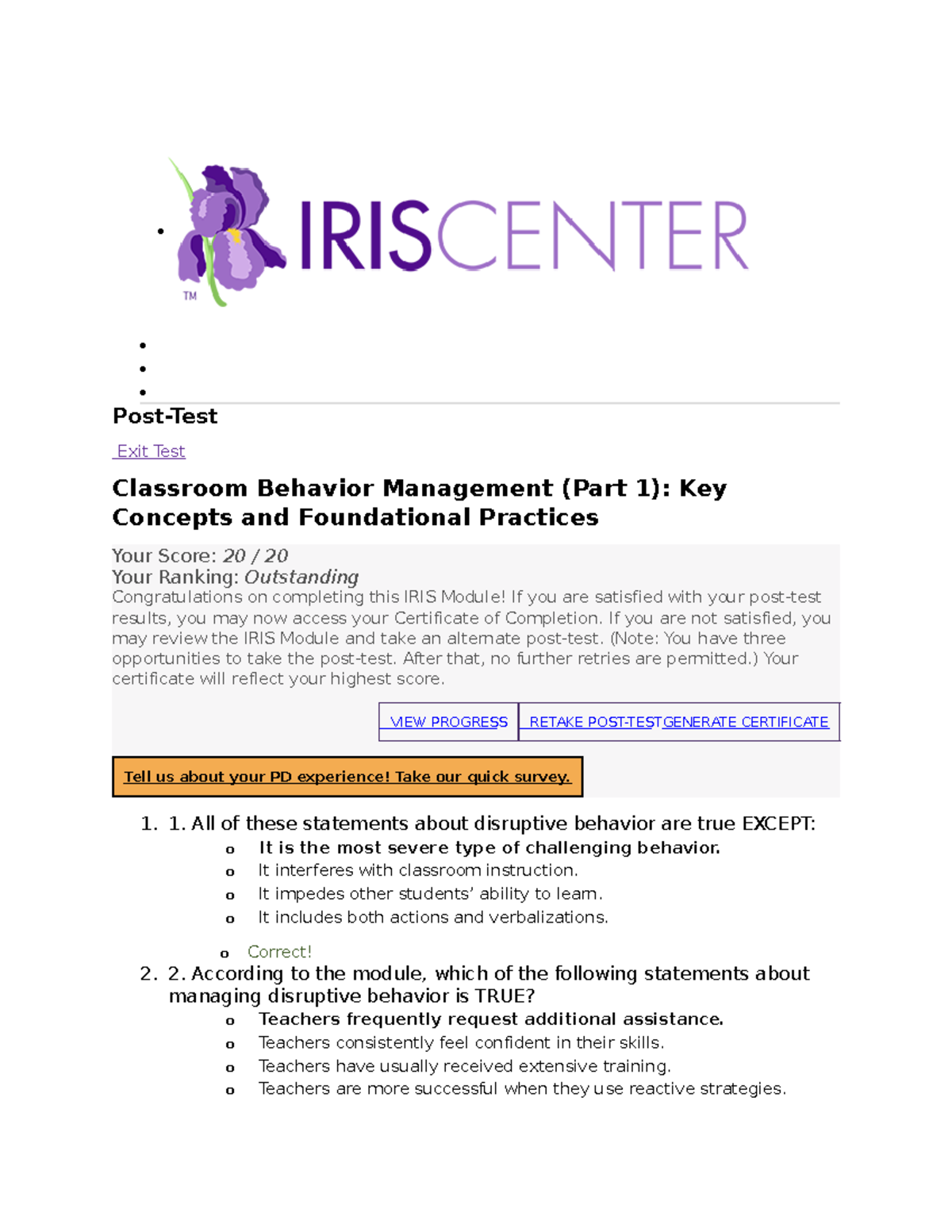 Iris post test - IRIS post test - Post-Test Exit Test Classroom ...