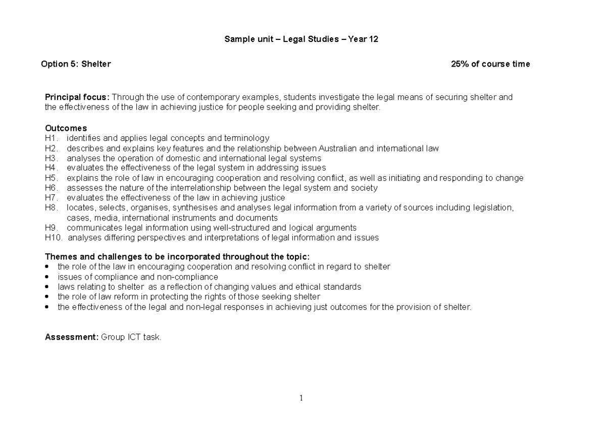 Legal studies year 12 sample - 1 Sample unit – Legal Studies – Year 12 ...