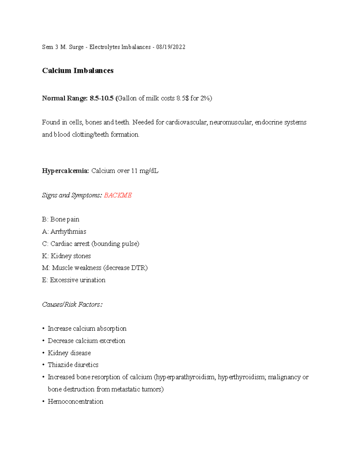 Calcium Imbalance ex. 1 word - Sem 3 M. Surge - Electrolytes Imbalances ...