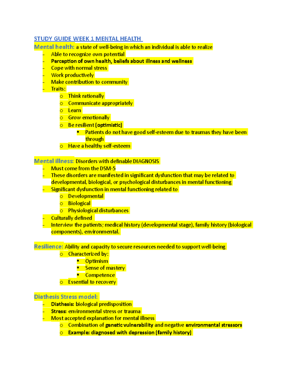 Study Guide WEEK 1 Mental Health - STUDY GUIDE WEEK 1 MENTAL HEALTH ...