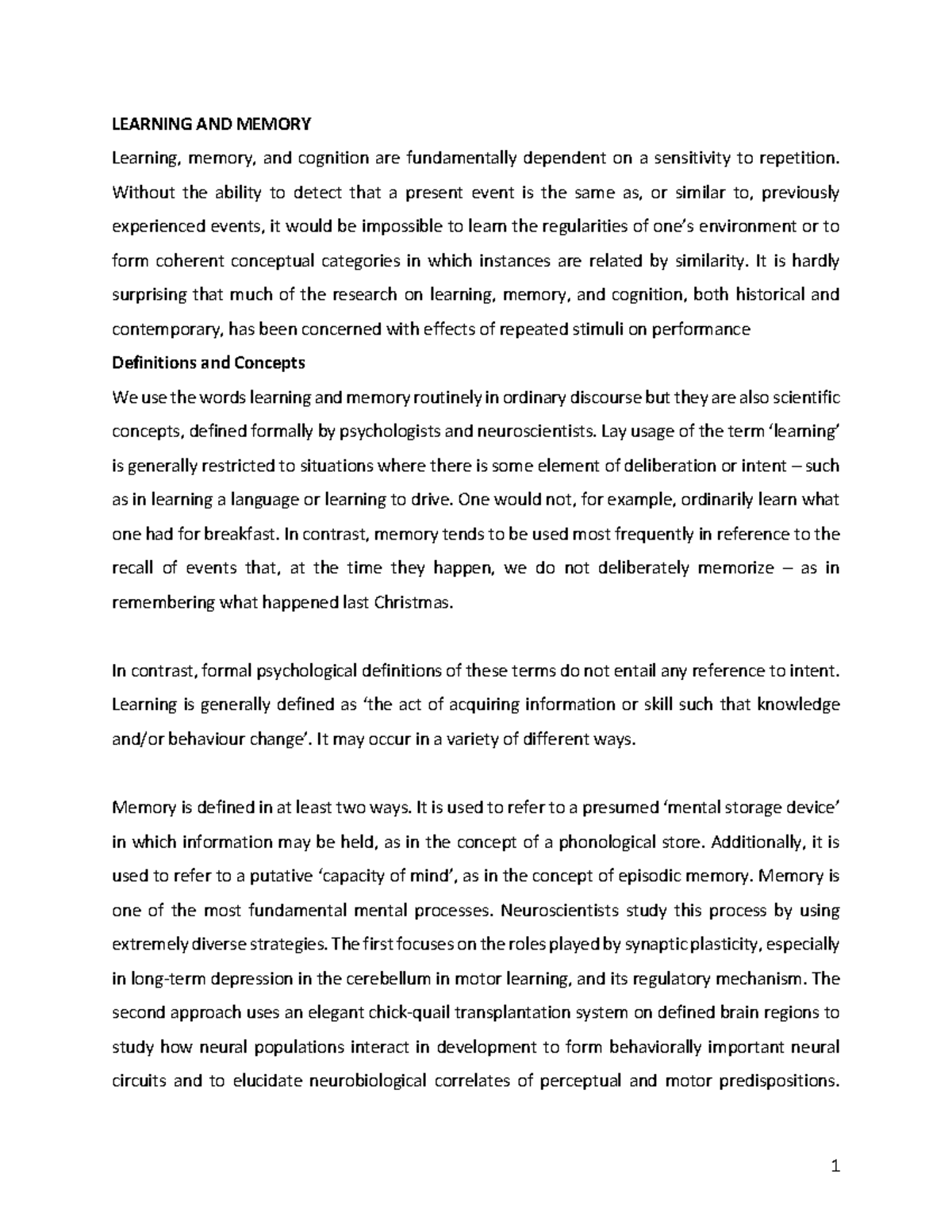 Memory AND Learning Lesson - LEARNING AND MEMORY Learning, memory, and ...