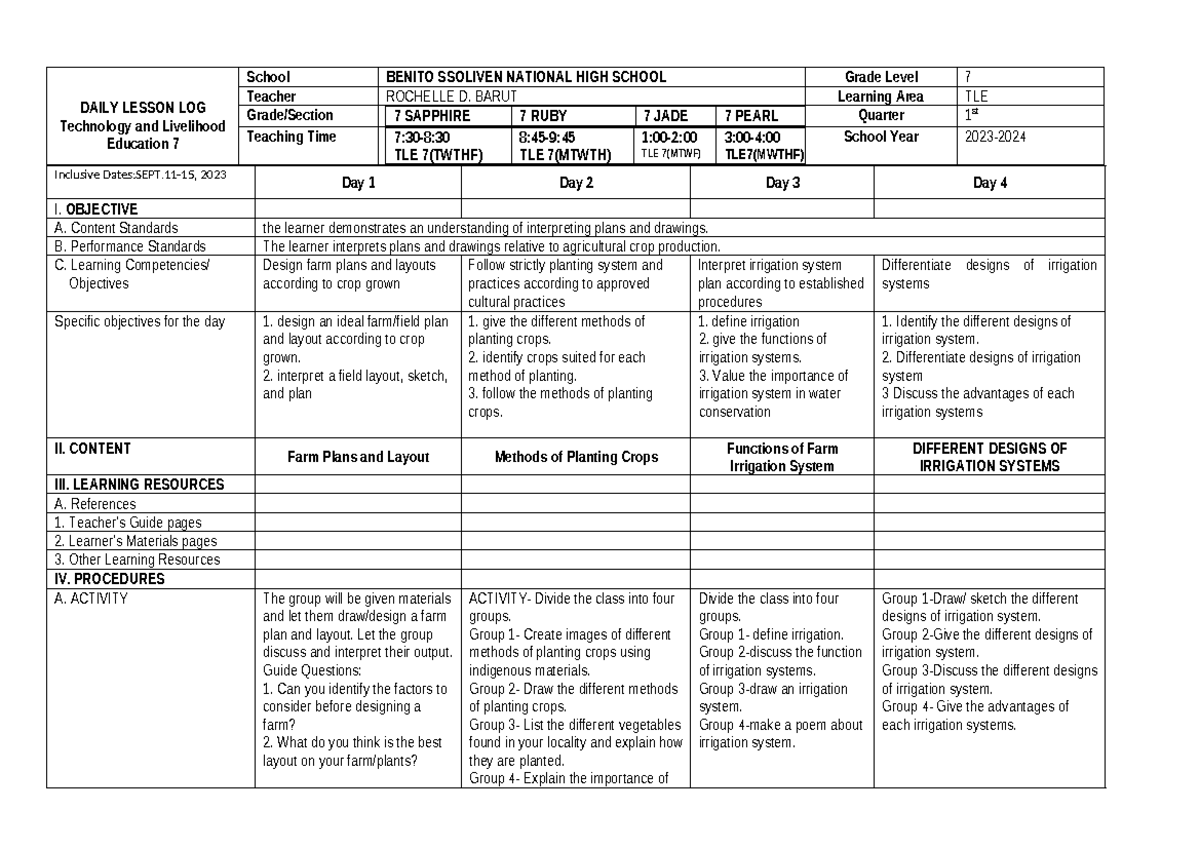 DLL Q1,week3 agricrops - Inclusive Dates:SEPT-15, 2023 Day 1 Day 2 Day ...
