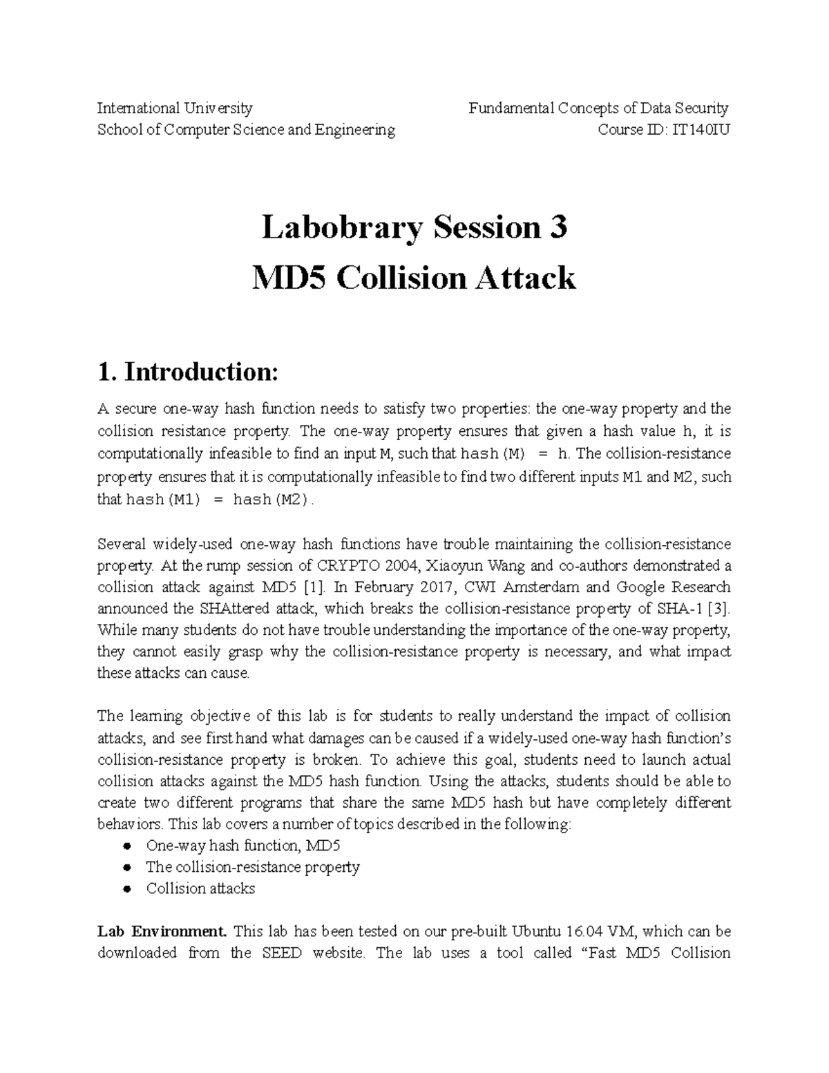 FDo DS MD5 collision attack - International University Fundamental Concepts of Data Security ...