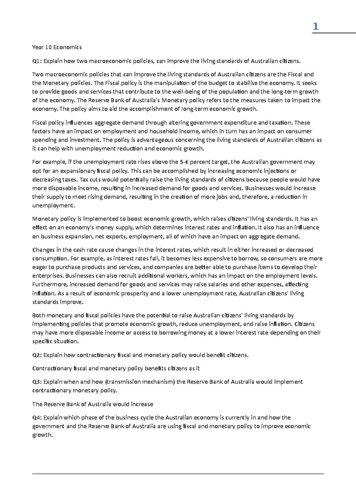 Year 10 Economics Unit 1 Syllabus Notes - Year 10 Economics Q1: Explain ...