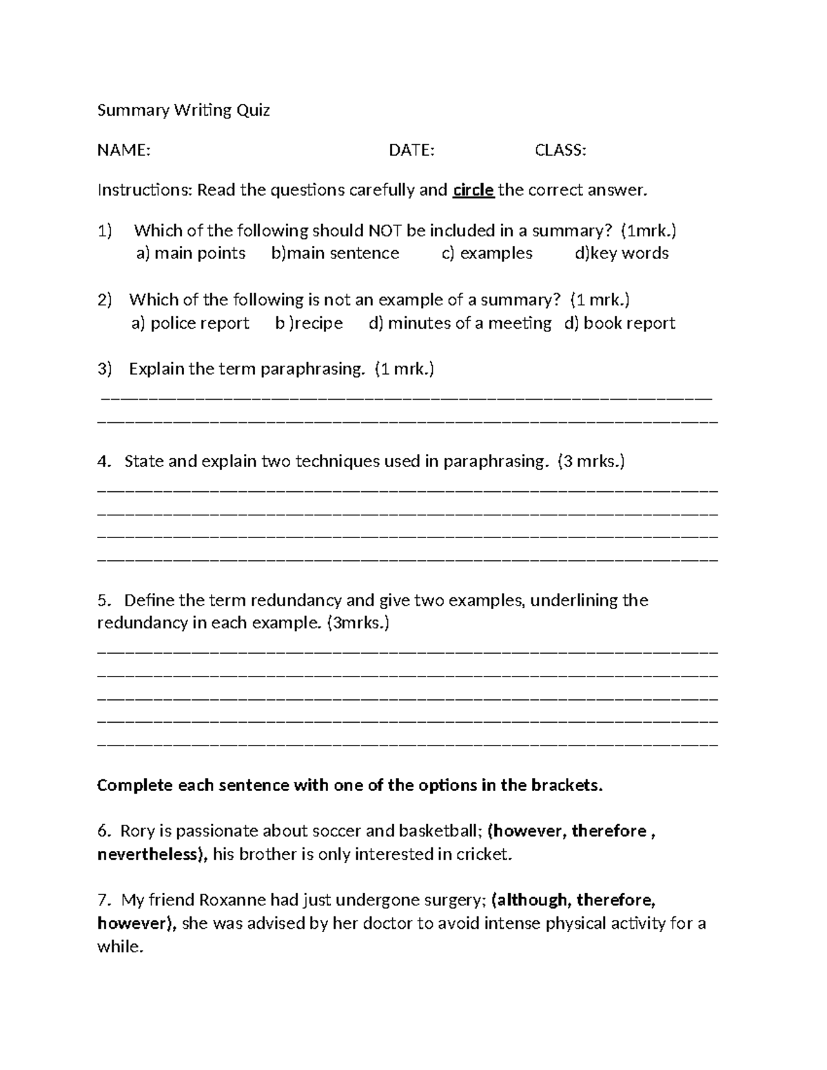 Summary Writing Quiz - This is a short quiz to be given as a formative ...